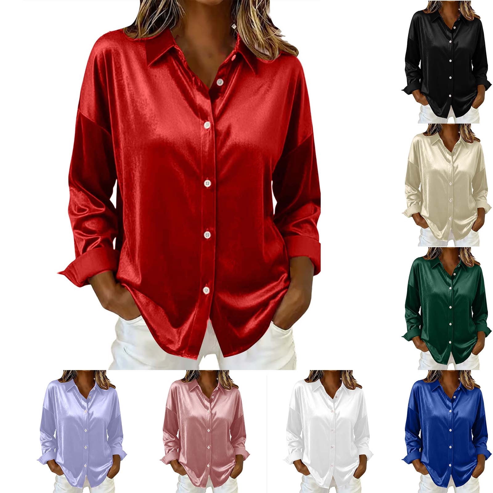 Dazajoo Satin Blouses for Women Business Casual Dressy Work Tops Solid ...
