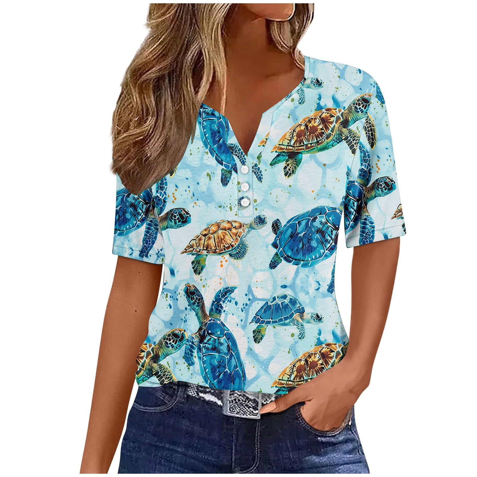 Dazajoo Sea Turtle Shirts for Women Plus Size Beach Graphic Summer ...