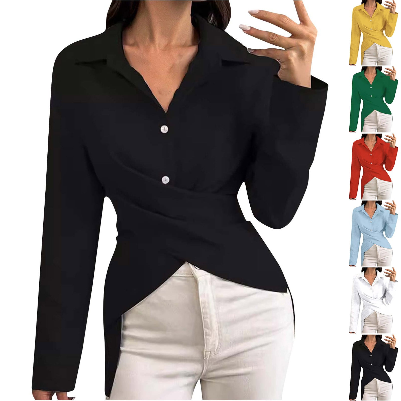 Dazajoo Deep V Neck Shirts for Women Dressy Casual Cross Hem Long ...