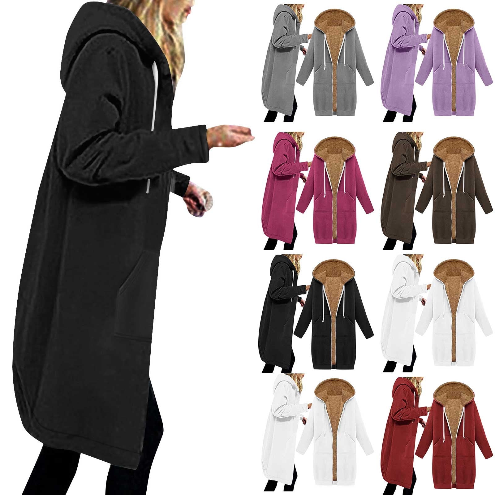 Dazajoo Sherpa Lined Long Hoodie Women Zip Up Knee Length Winter Coats ...