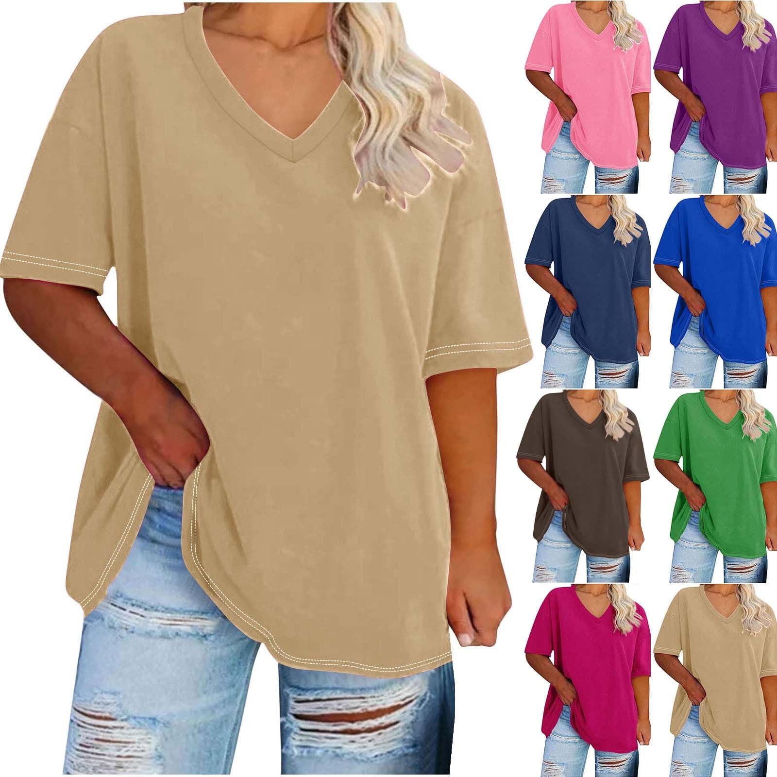 Dazajoo Short Sleeve Tops for Women Casual V Neck Shirts Summer Solid ...