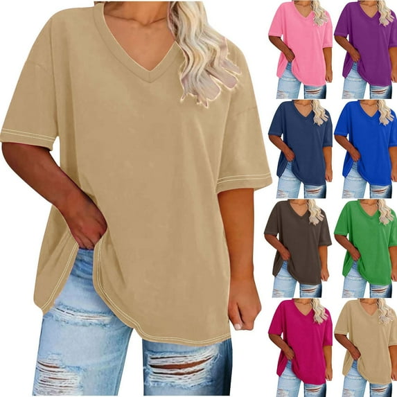 Dazajoo Short Sleeve Tops for Women Casual V Neck Shirts Summer Solid ...