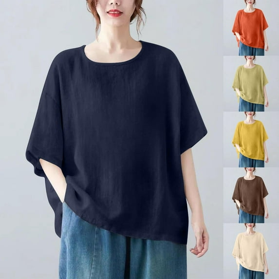 Dazajoo Side Slit Tops for Women Plus Size Cotton Linen Shirts Casual ...