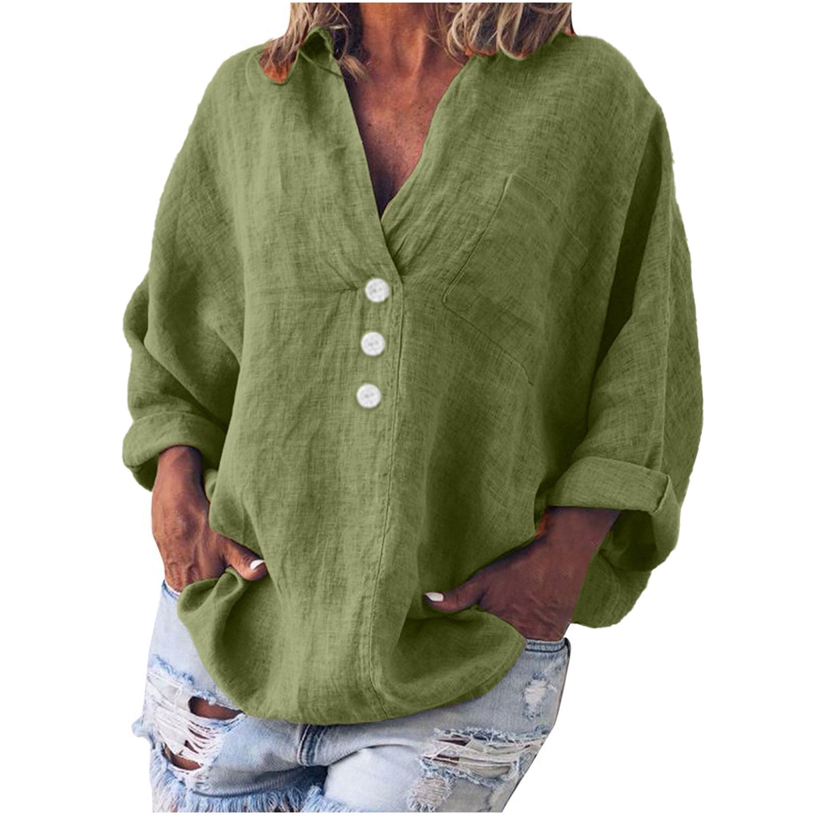 Dazajoo Solid Color Button-Up V-Neck Long Sleeve Shirt Womens Dressy ...