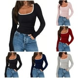 Dazajoo Square Neck Shirts for Women Slim Fitted Color Block Long ...