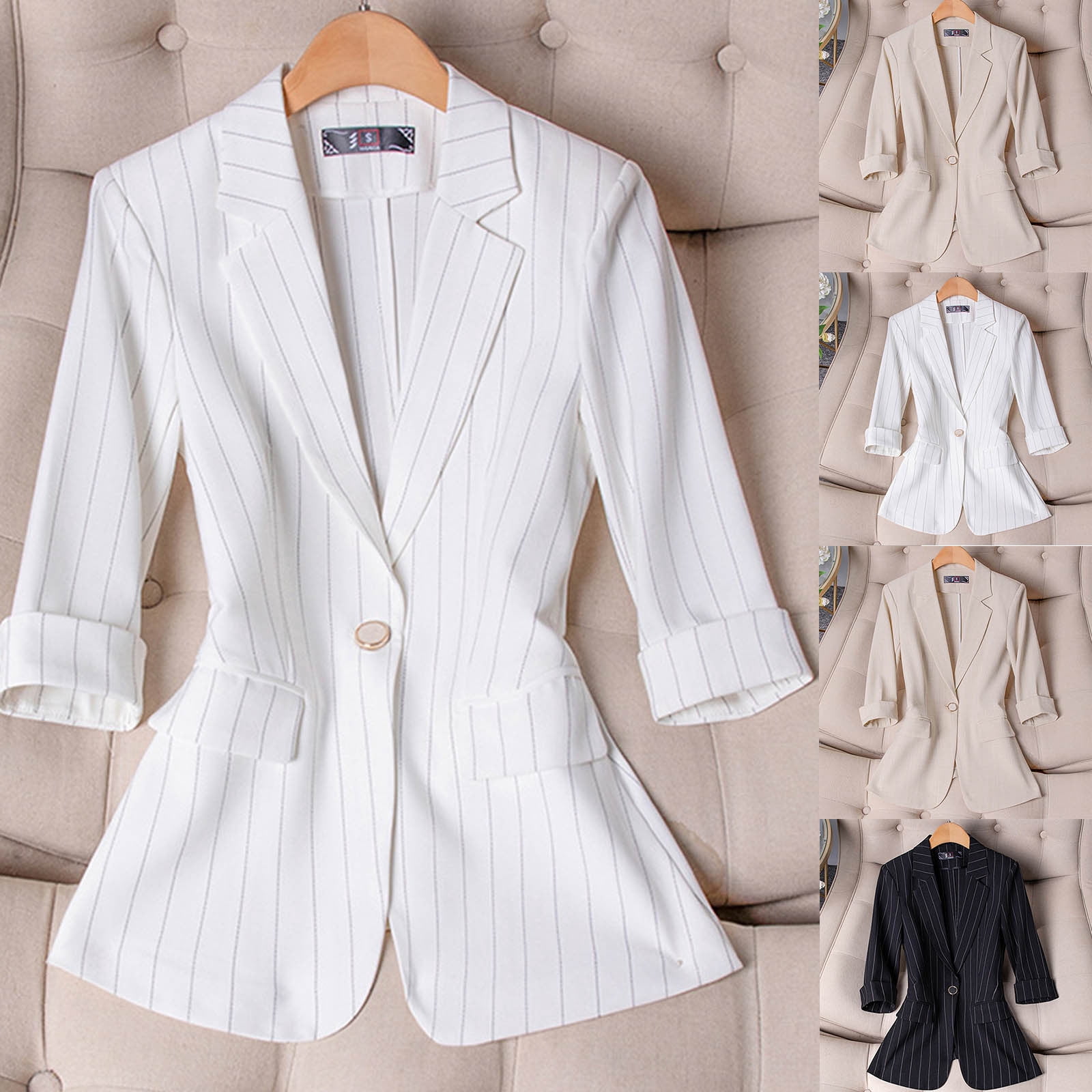 Dazajoo Striped Blazers for Women 3/4 Sleeves Notch Lapel Suit Jackets ...