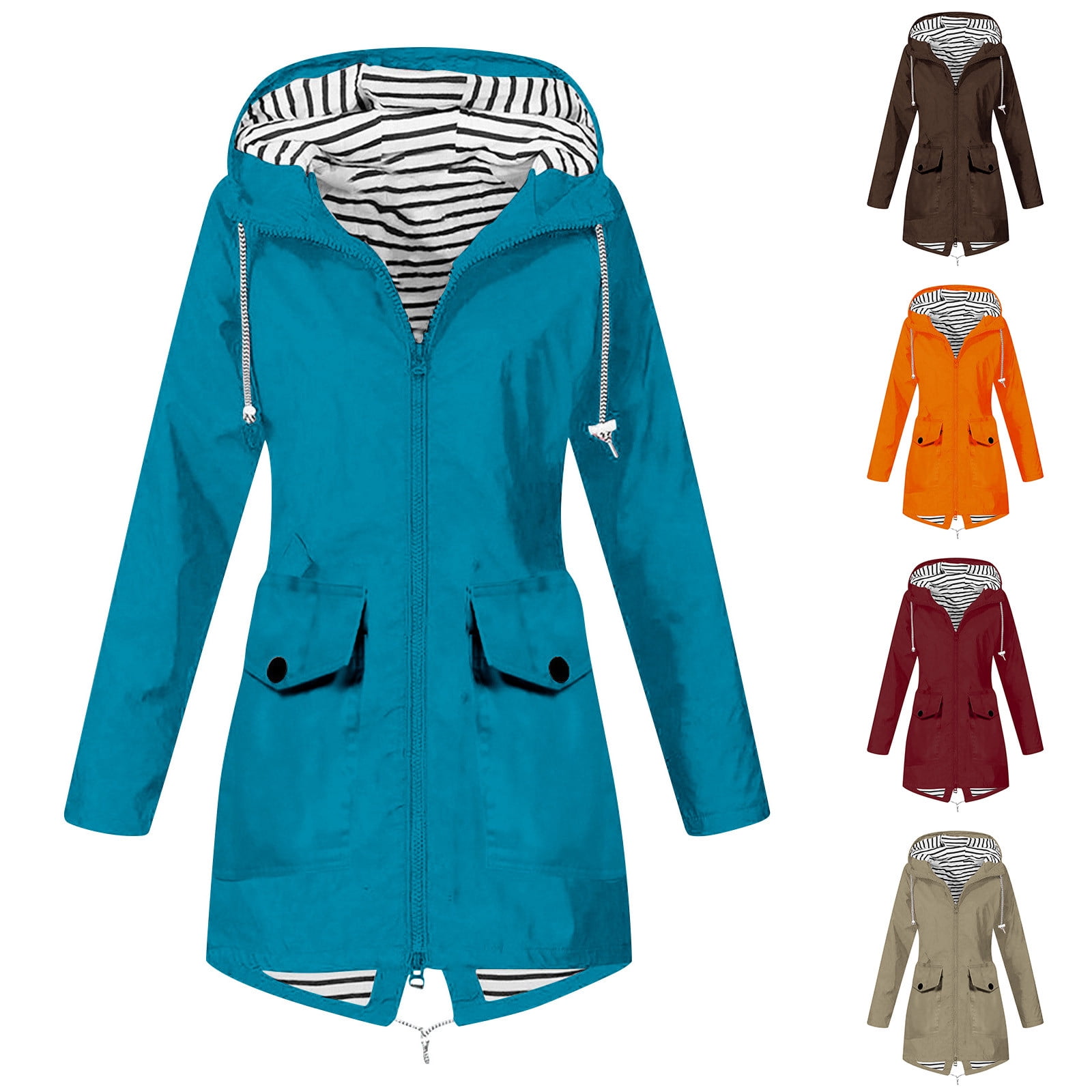 Dazajoo Striped Rain Jacket Women Waterproof Mid Length Lightweight ...