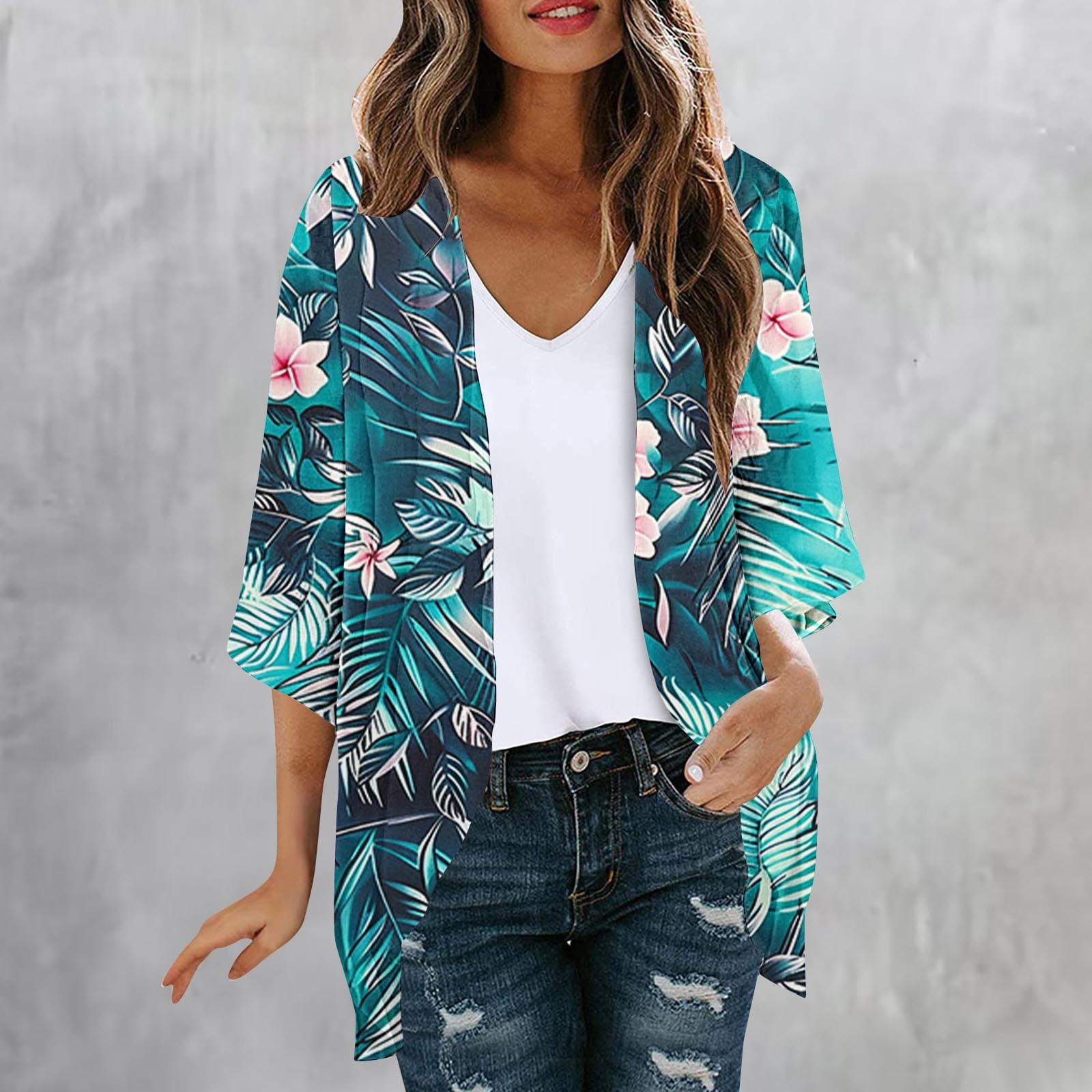 Dazajoo Summer Cardigan for Women Long Lightweight Floral Print 3/4 ...