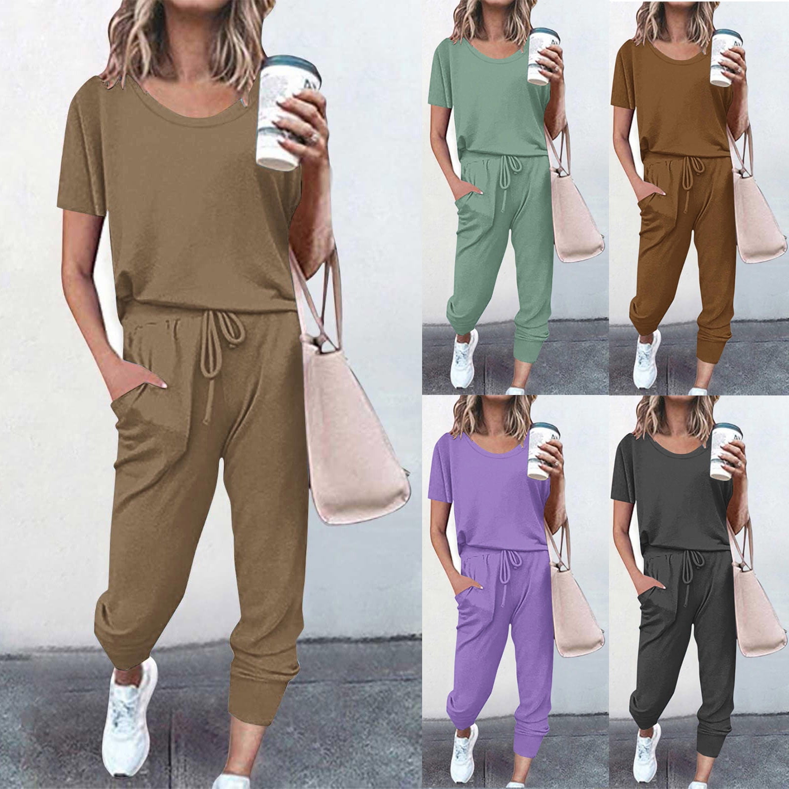 Dazajoo Summer Jogger Sets for Women 2 Piece Long Pants with Round Neck Short Sleeve Tops Loose ...