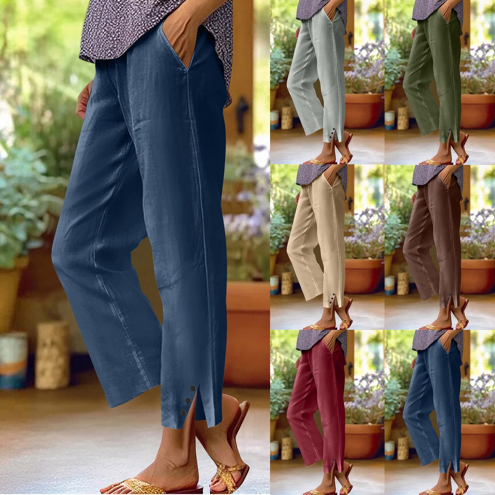 Dazajoo Summer Linen Pants for Women Elastic Waist Side Slit Cotton ...