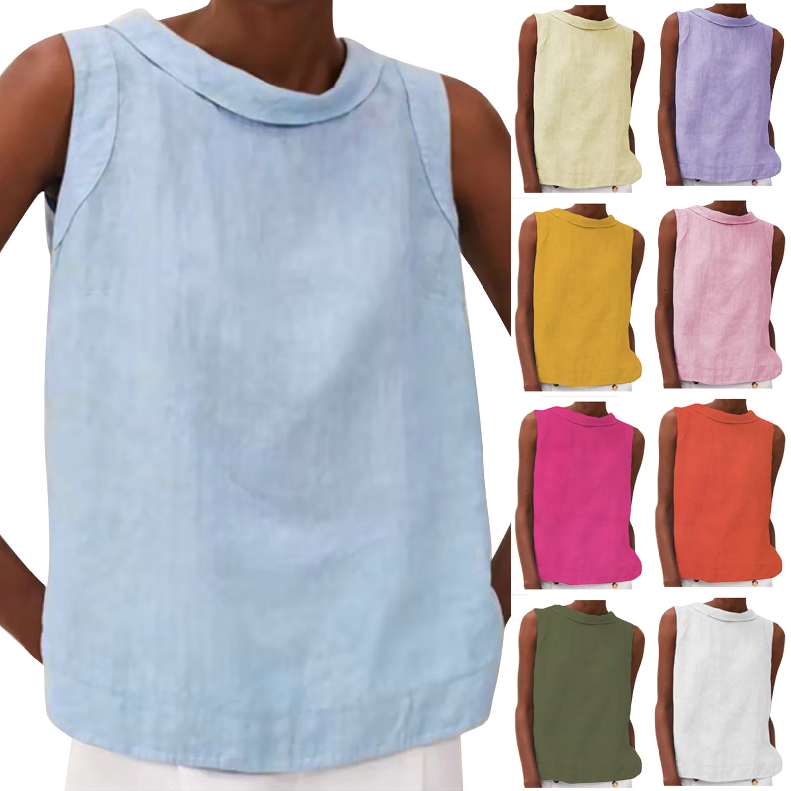 Dazajoo Summer Linen Tank Tops for Women Solid Color Basic Sleeveless ...
