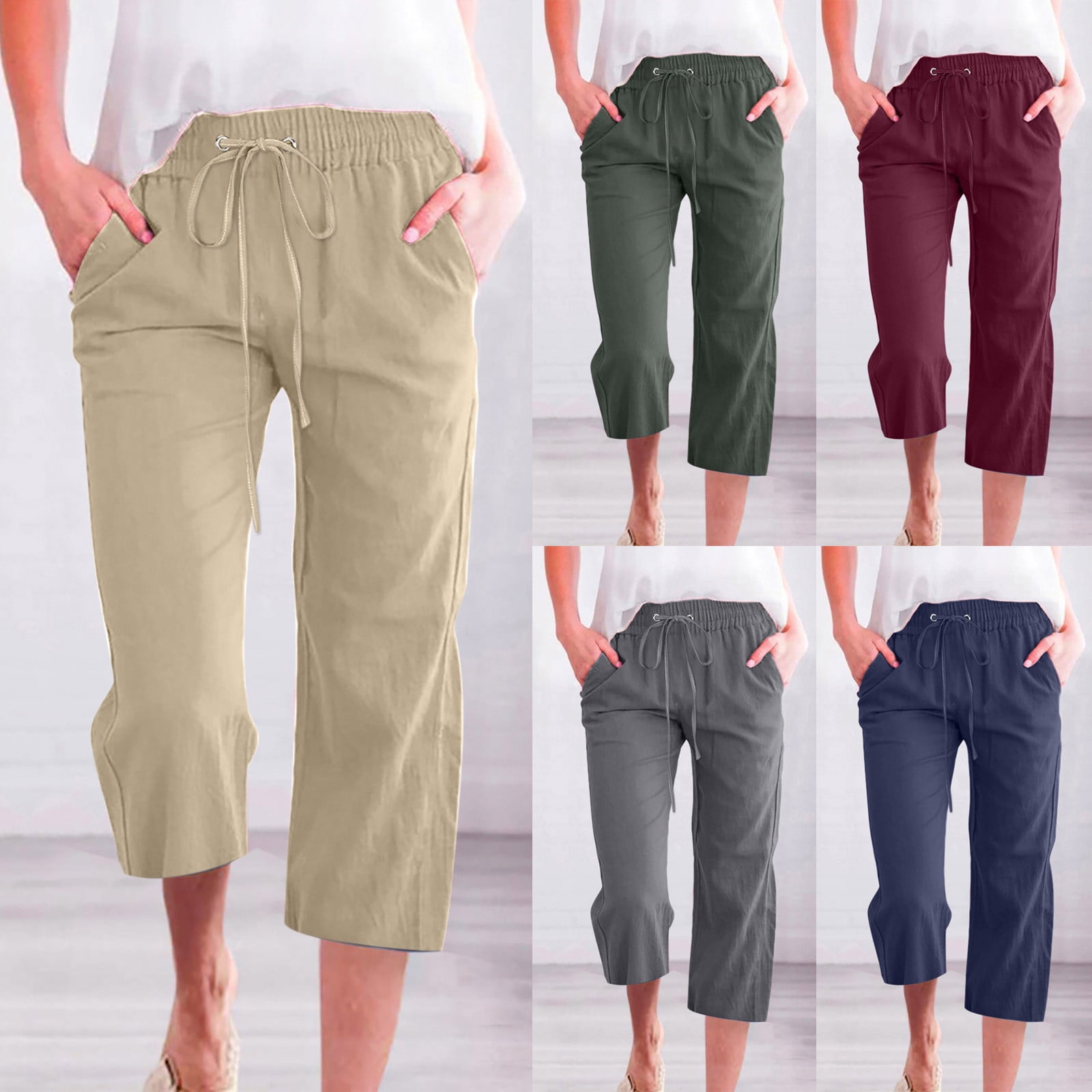 Dazajoo Plus Size Cotton Linen Capris for Women Summer Elastic Waist ...