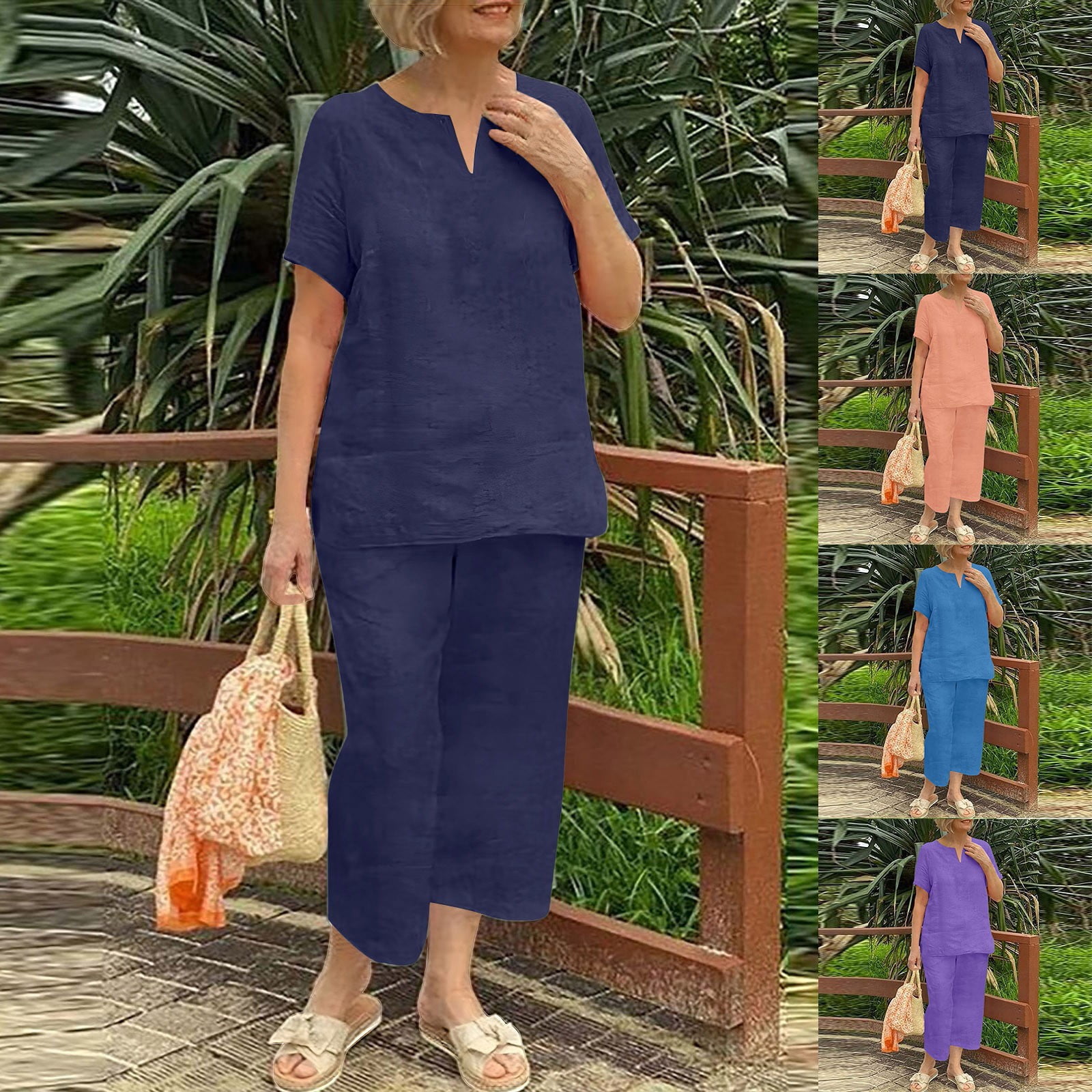 Dazajoo Summer Two Piece Linen Sets for Women 2025 Short Sleeve Henley ...