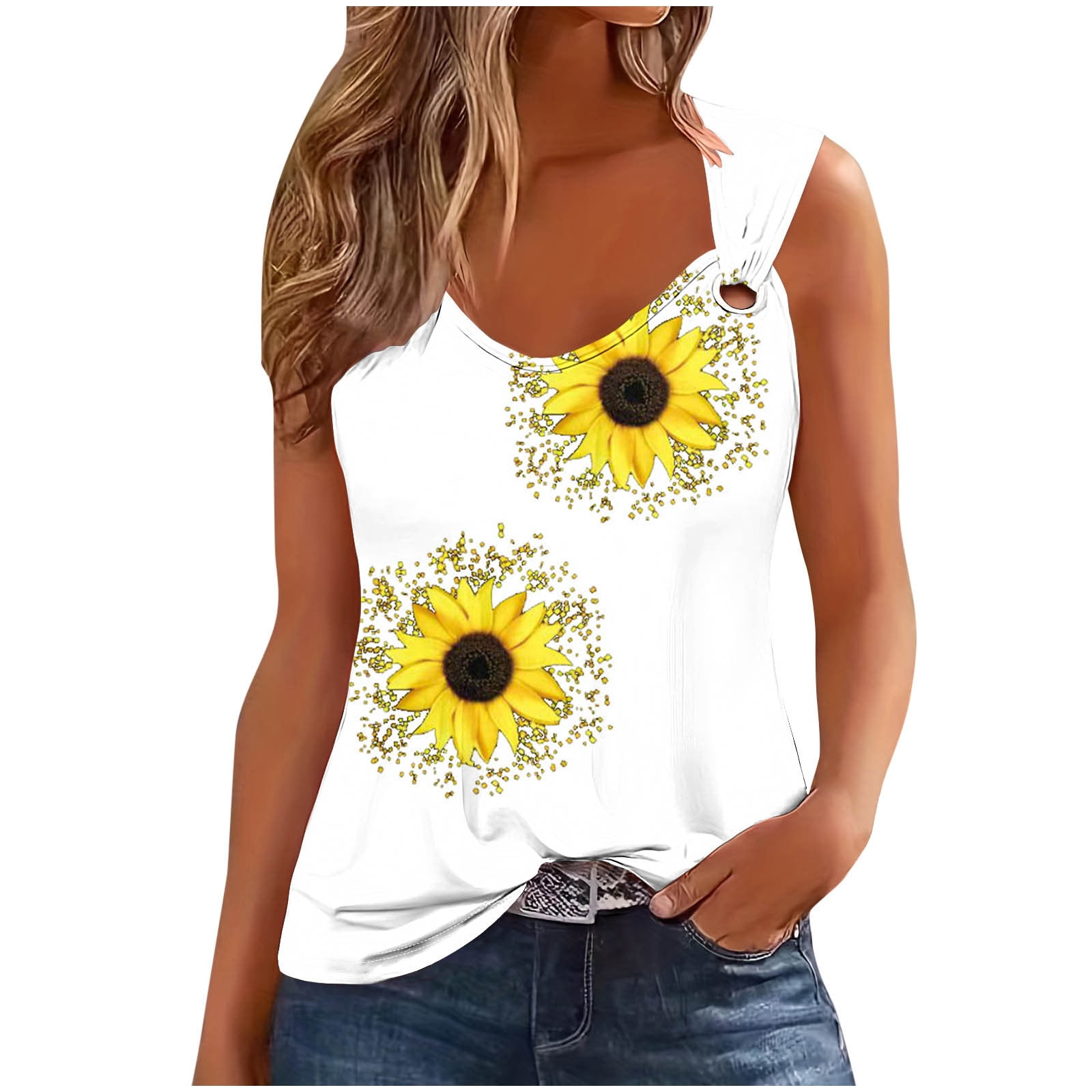 Dazajoo Sunflower Tank Tops for Women 2024 Womens Dressy Casual O Ring ...