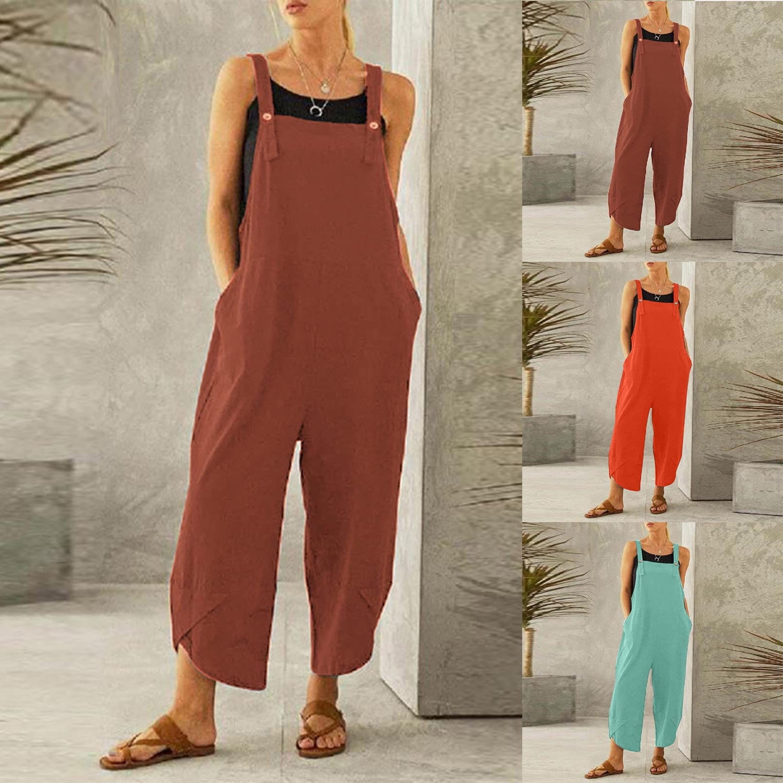Dazajoo Plus Size Cotton Linen Overalls for Women Summer Casual Loose ...