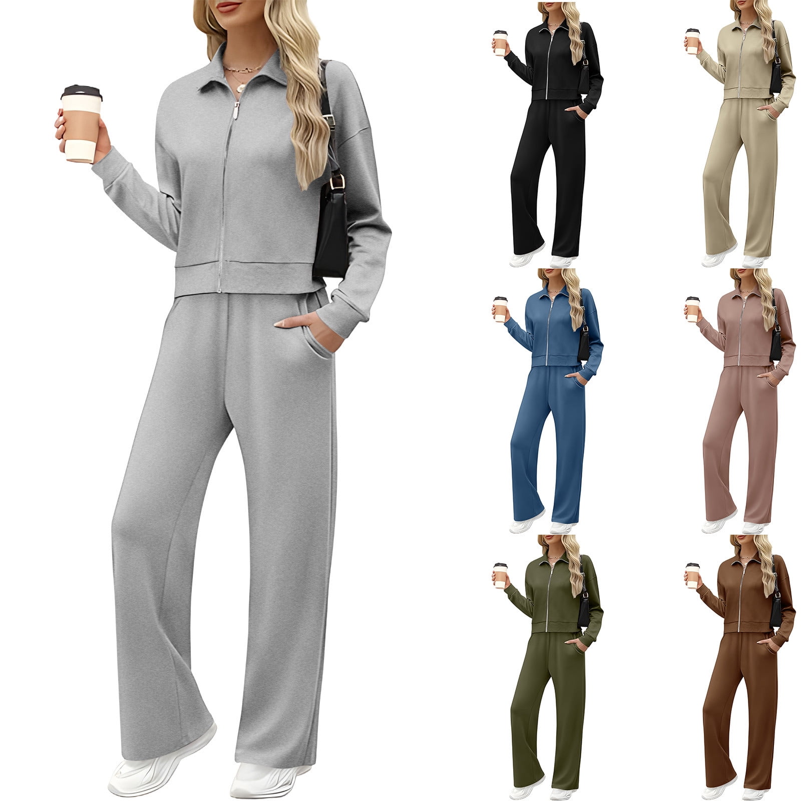 Dazajoo Two Piece Sweatsuit Sets for Women Zip Up Jacket Matching Wide ...