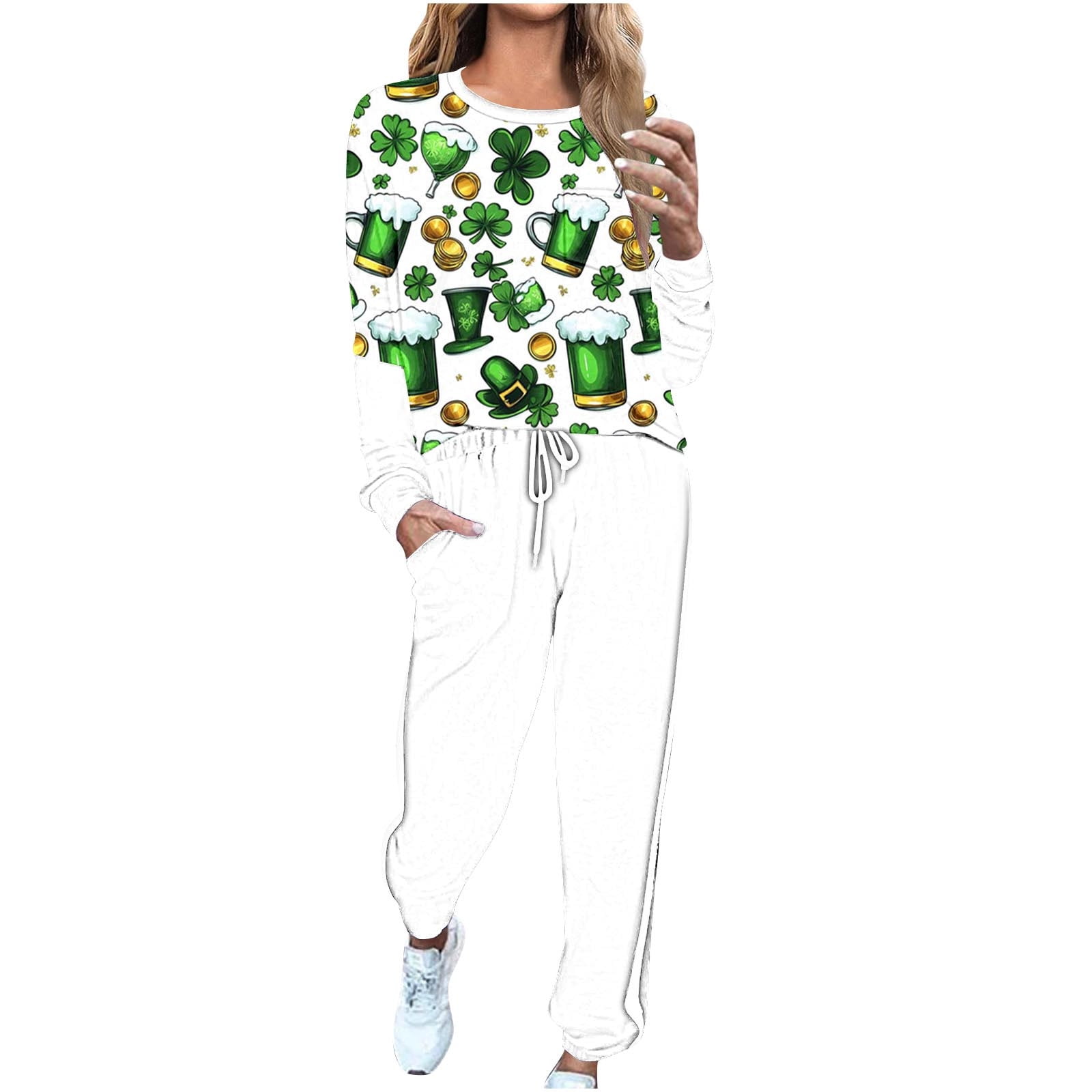 Dazajoo Vacation Sale Lounge Outfits for Women 2 Piece Set Crewneck Long Sleeve Shirts Match ...