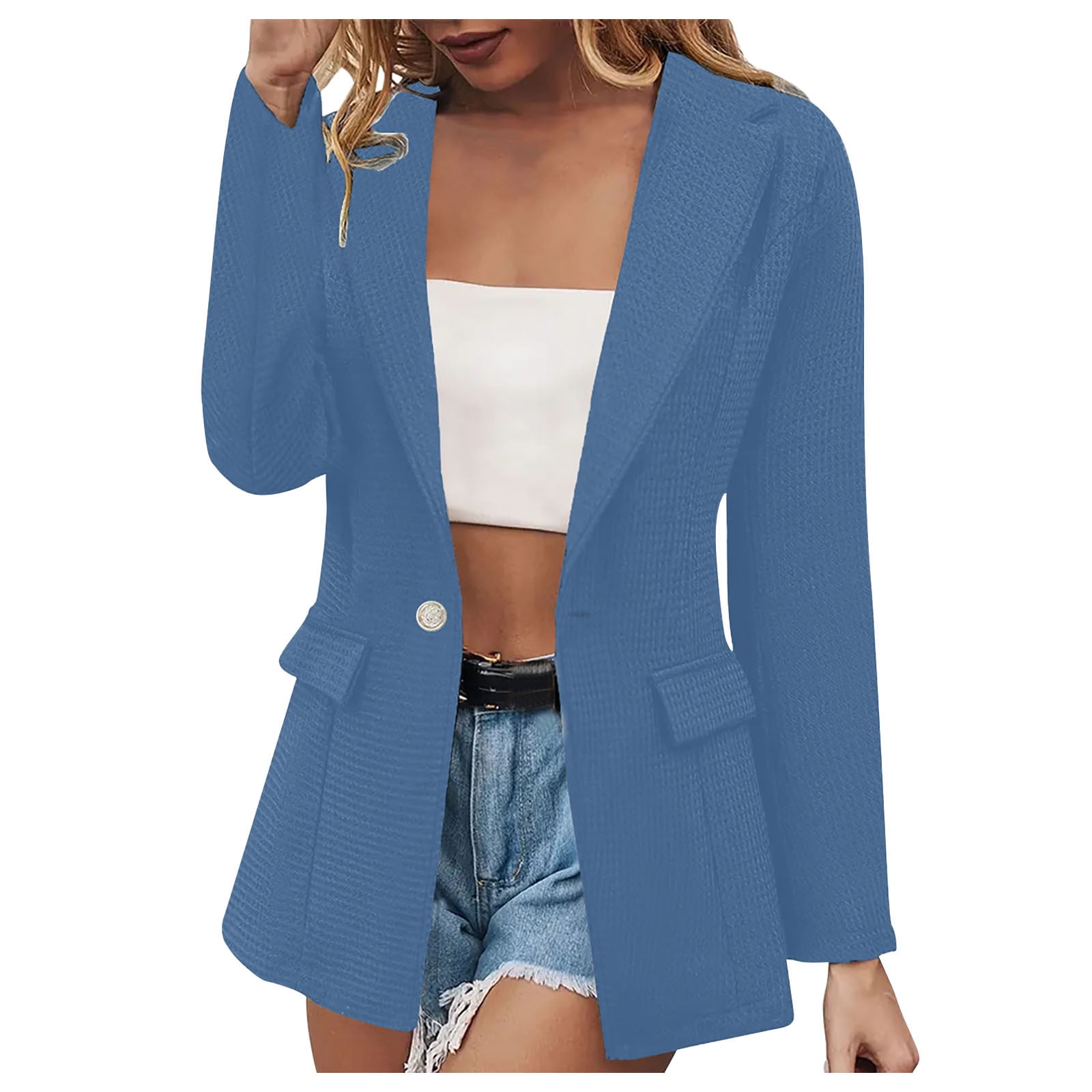 Dazajoo Waffle Knit Blazer for Women Fashion Open Front Long Sleeve ...