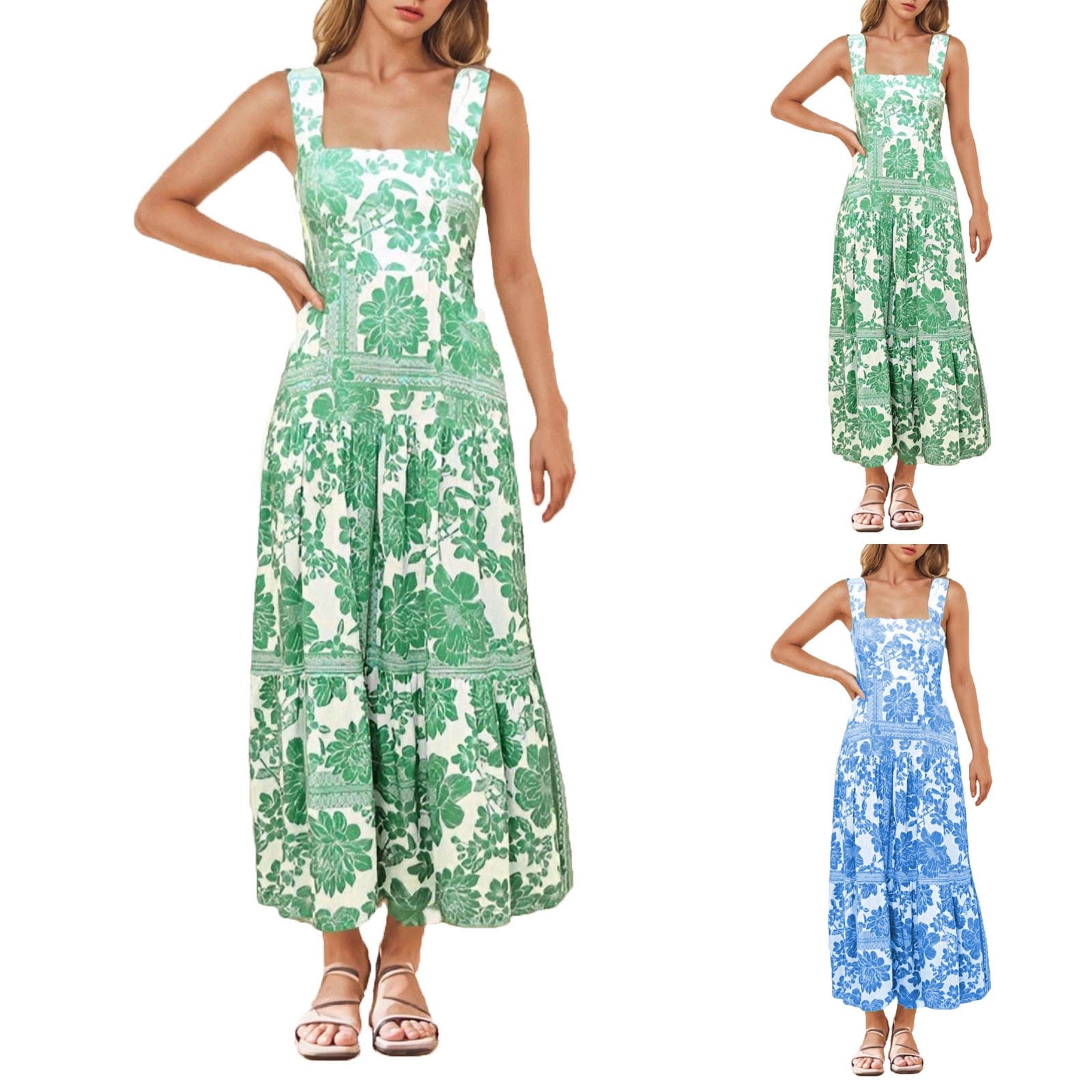 Dazajoo Wide Strap Tank Dresses for Women Floral Print Sleeveless Long ...