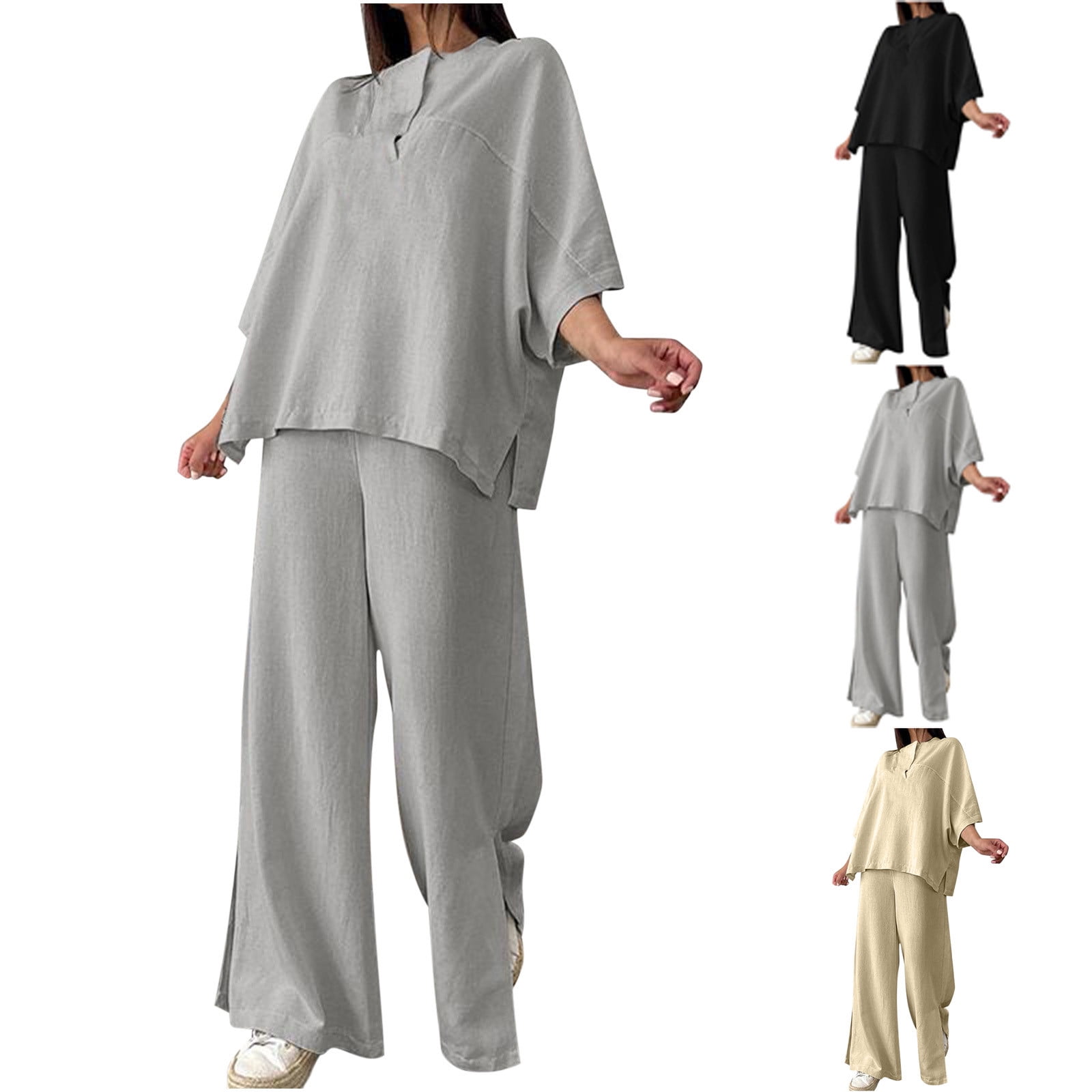 Dazajoo Women 2 Piece Summer Comfy Cotton Linen Outfits Sets Flowy Half Sleeve Round Neck Tops ...