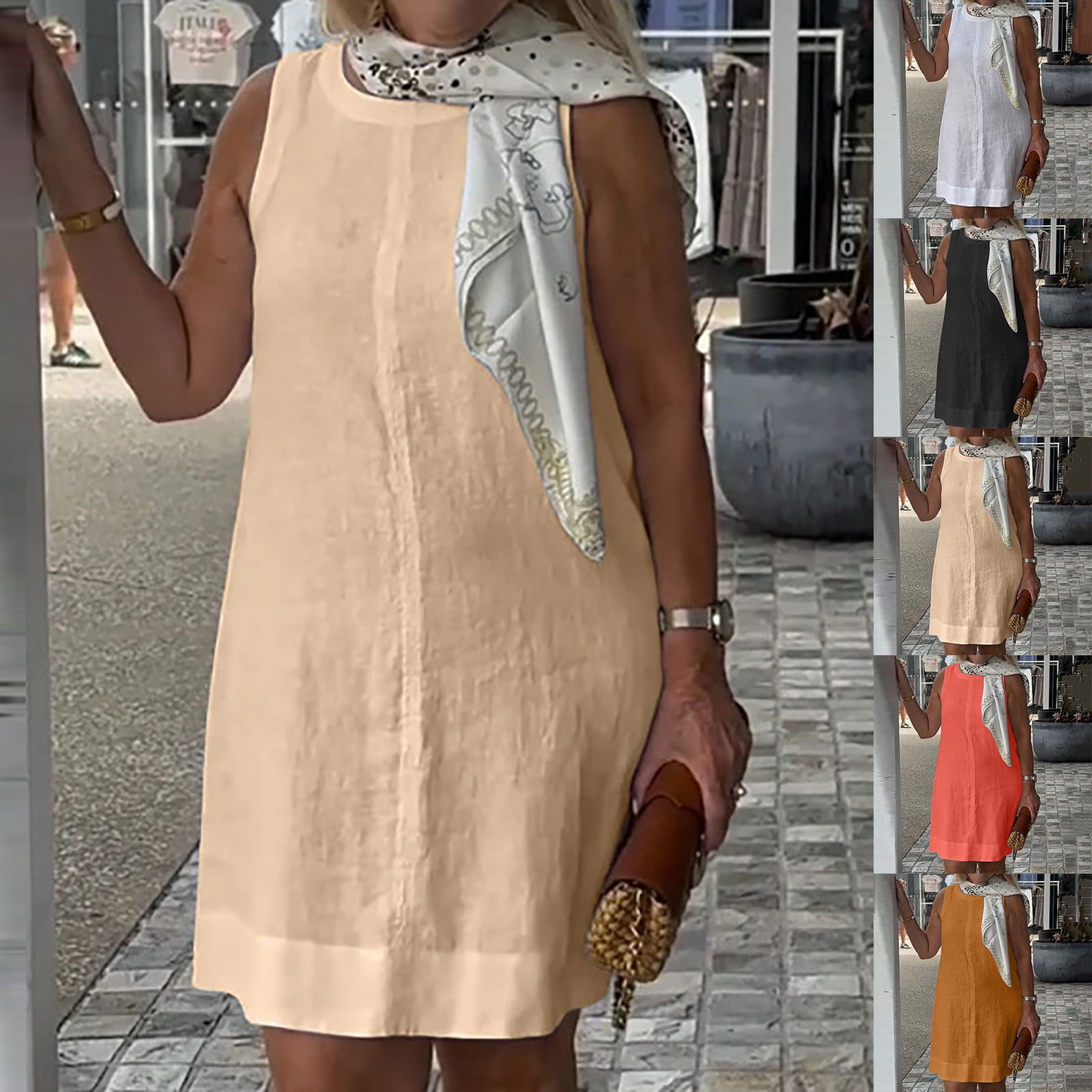 Dazajoo Women Casual Cotton Linen Sleeveless Tank Dress Loose Crew Neck ...