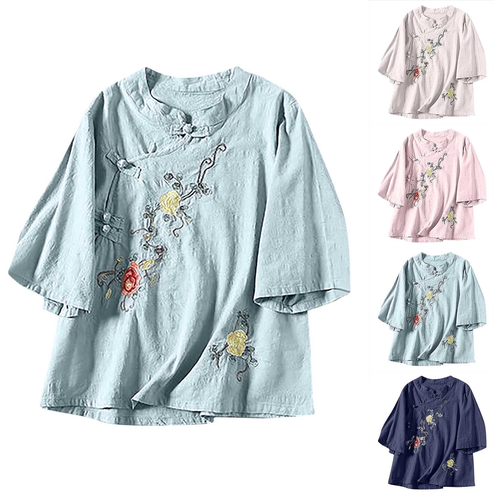 Dazajoo Women Cotton Linen Retro Chinese Frog Button Up Tops ...