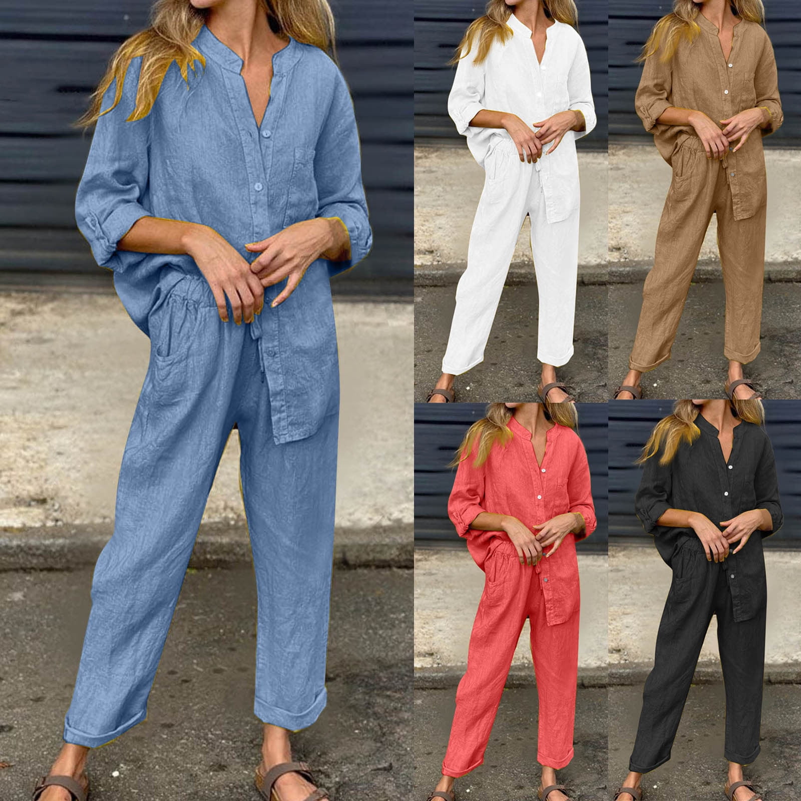 Dazajoo Women Linen Sets 2 Piece Outfits Long Sleeve Button Down Shirts Match Wide Leg ...