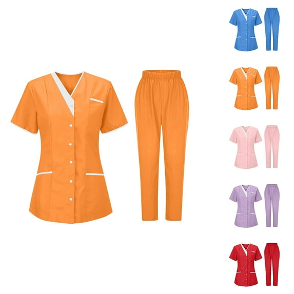 Dazajoo Women Medical Scrubs Set 2 Piece Short Sleeve Button Down Tops ...