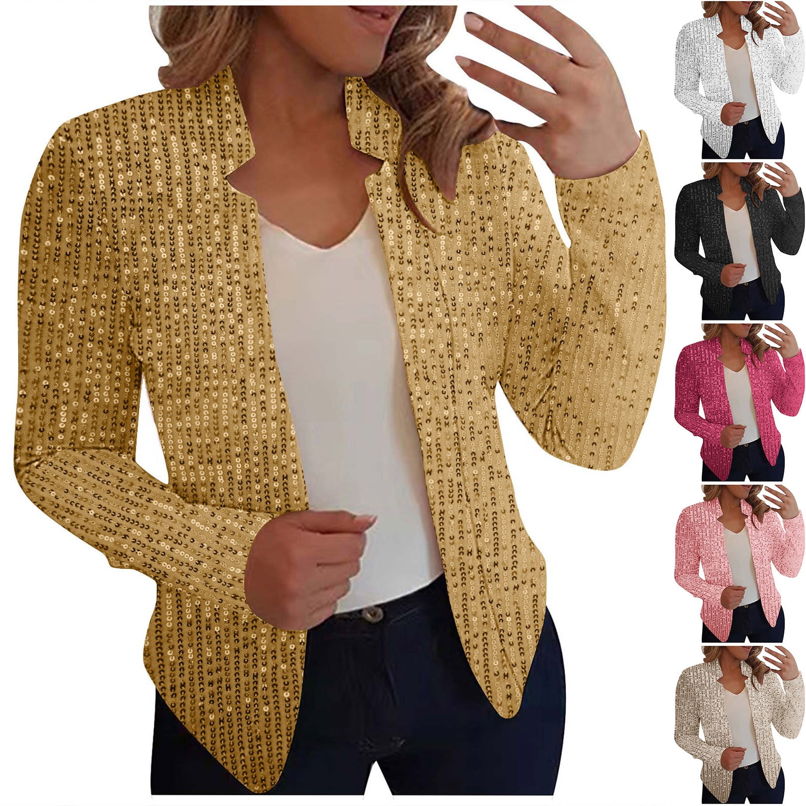 Dazajoo Women Shiny Sequin Open Front Cardigan Blazers Sparkly Long ...