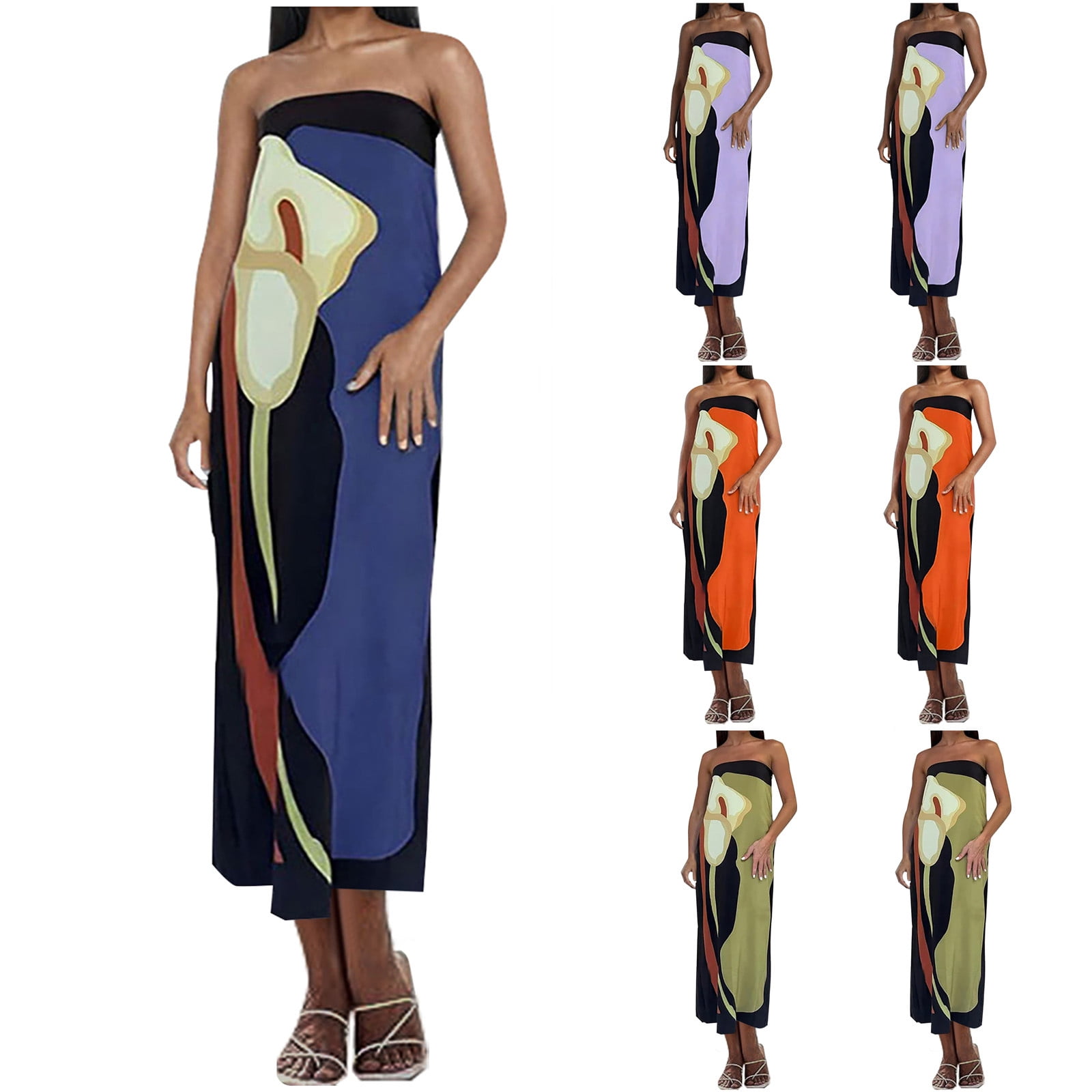 Dazajoo Women Strapless Maxi Dress Boho Floral Print Flowy Long Tube ...