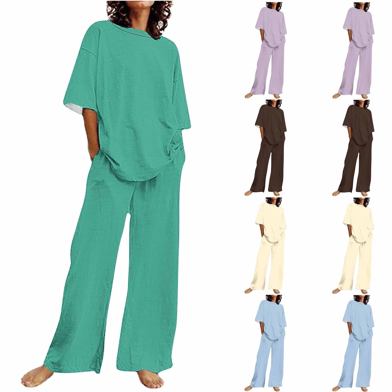Dazajoo Women's 2 Piece Linen Set Summer Short Sleeve Crew Neck Tops ...
