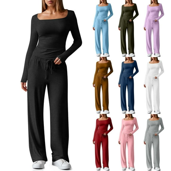 Dazajoo Women's 2 Piece Outfits Long Sleeve Square Neck Tops Matching Wide Leg Pants Tracksuits ...