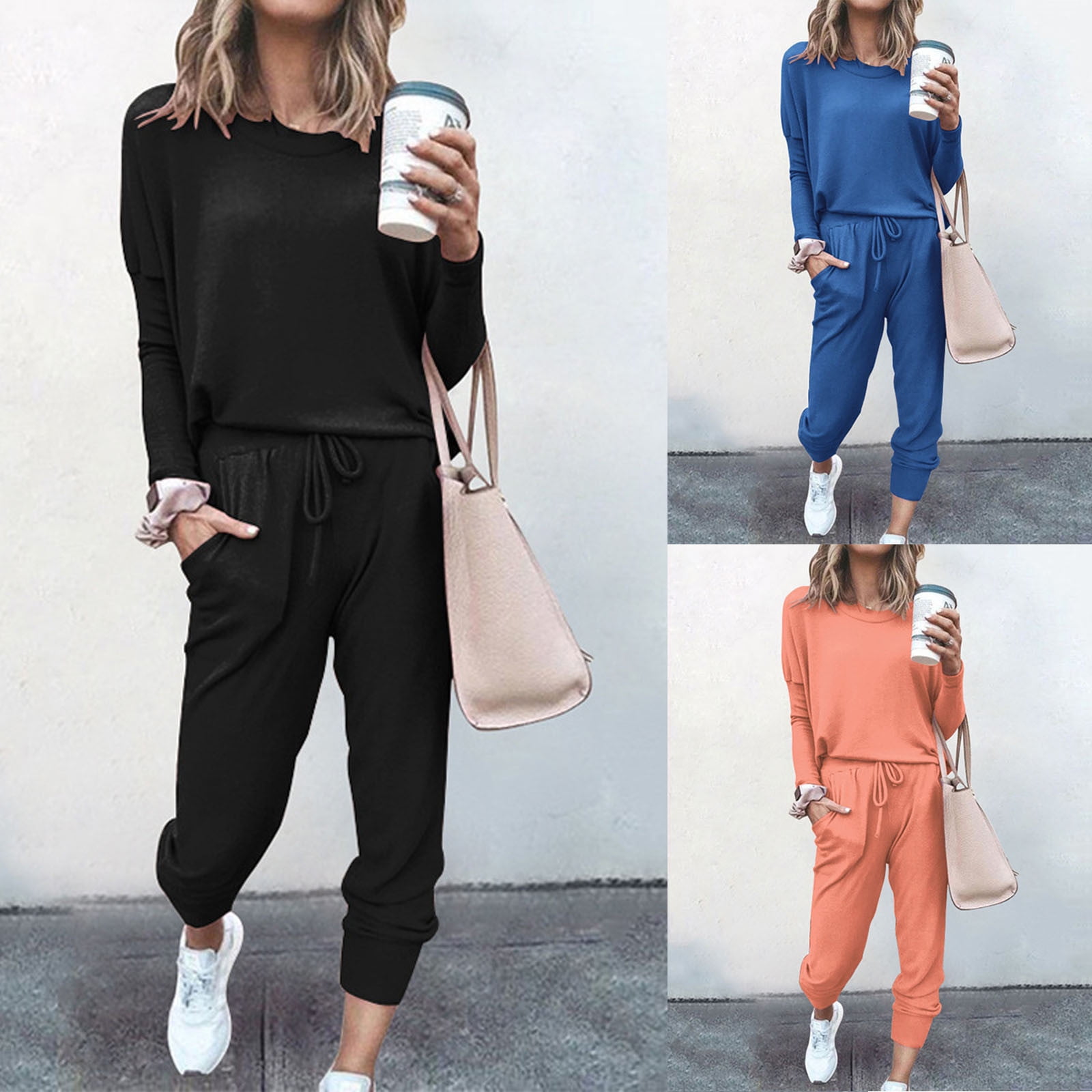 Dazajoo Women's 2 Piece Outfits Lounge Sets Casual Long Sleeve Round Neck Pullover Tops and ...