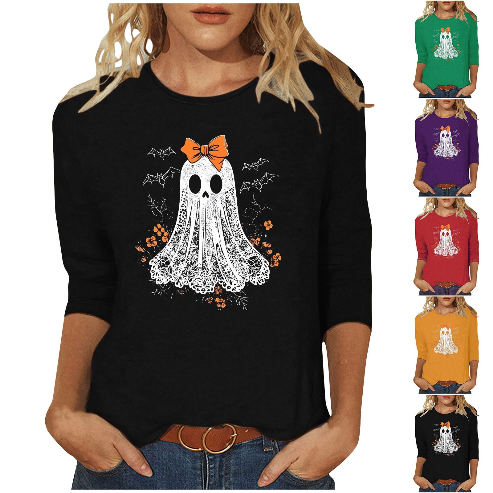 Dazajoo Women's 3/4 Length Sleeve Halloween Tops Festival Theme Print ...