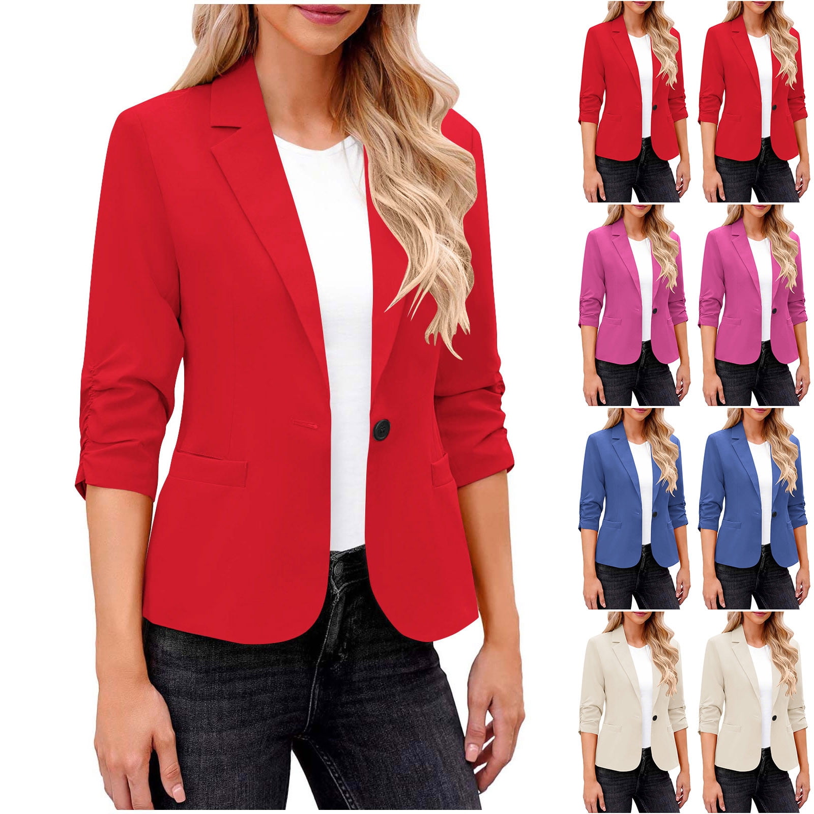 Dazajoo Women's 3/4 Ruched Sleeve Lightweight Work Office Blazer Jacket ...