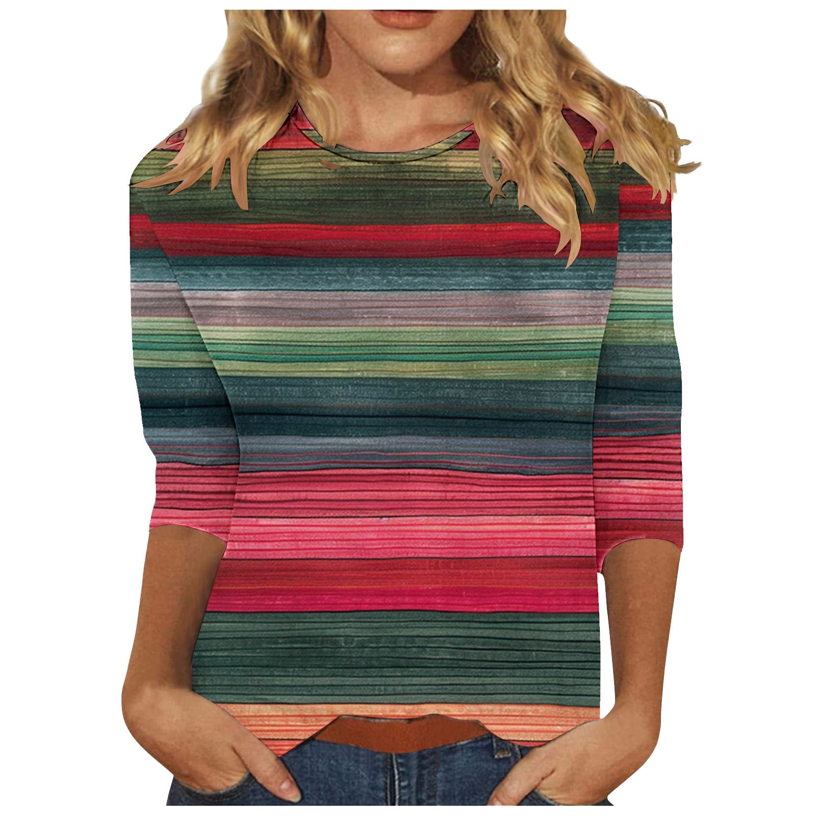 Dazajoo Women's 3/4 Sleeve Tops Striped Colorful Rainbow Casual Summer ...