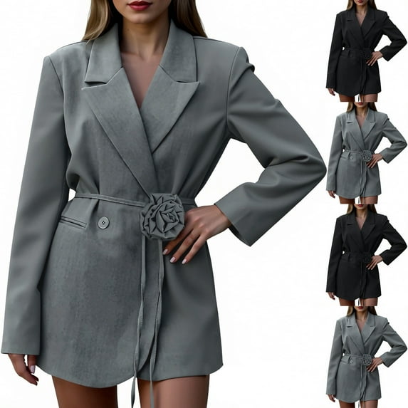 Dazajoo Women's Blazer Jackets with Flower Belt Notched Lapel Collar ...