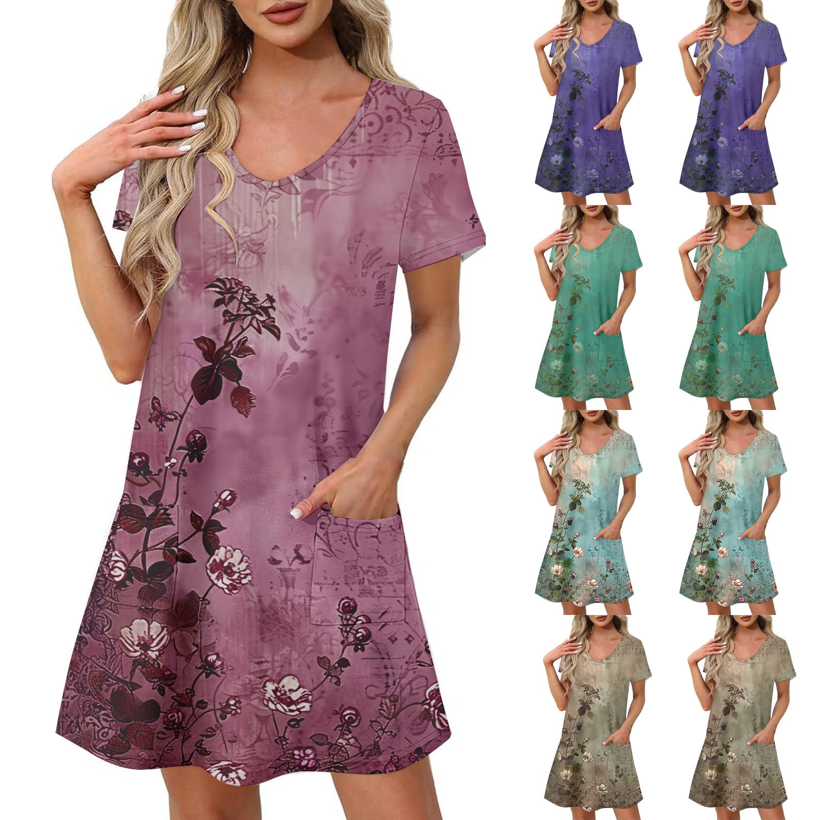 Dazajoo Women's Boho Dresses with Pockets Floral Print Vacation Beach ...