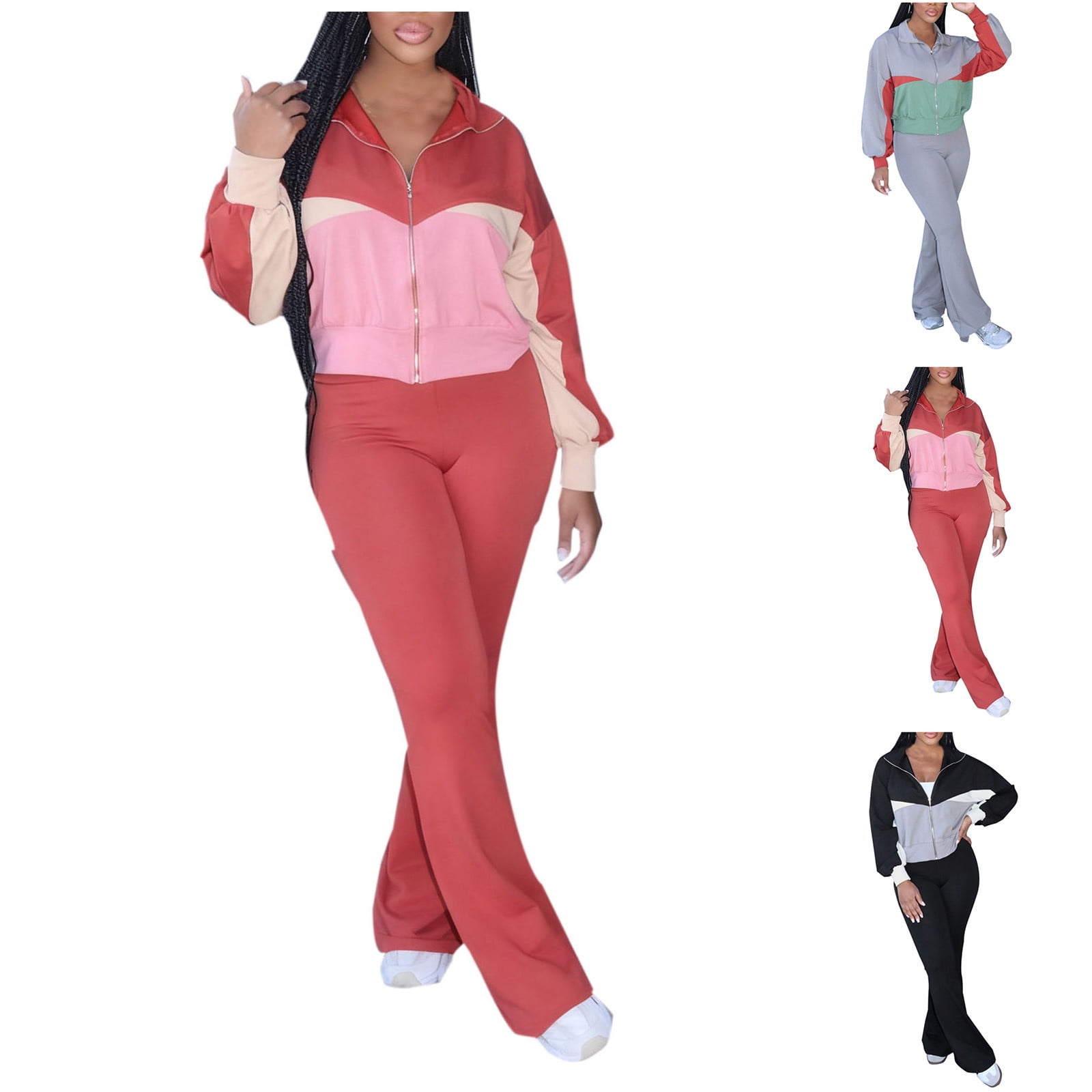 Dazajoo Women's Color Block 2 Piece Tracksuit Sets Long Sleeve Zip Up ...