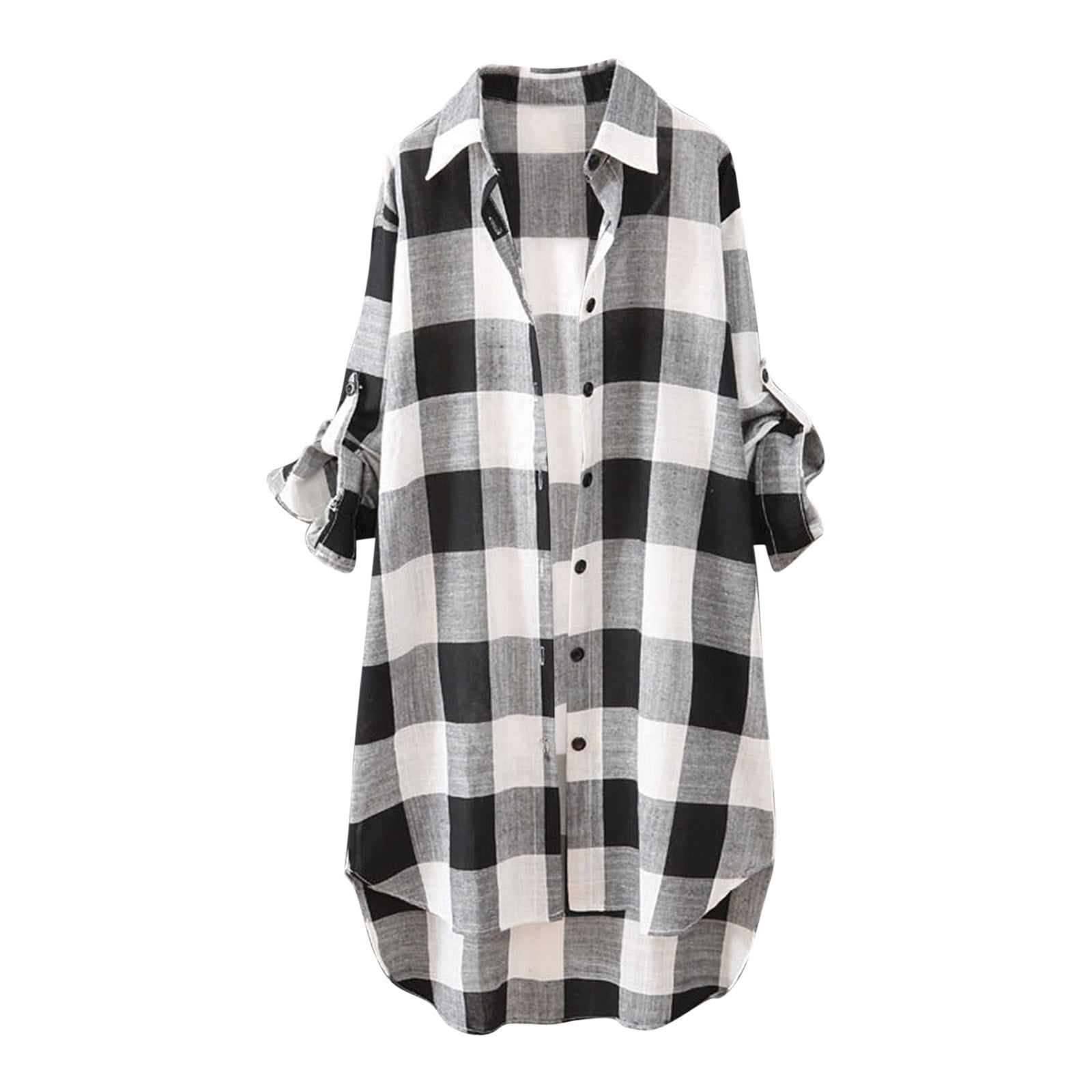 Dazajoo Women's Cotton Linen Blouses Tops Plaid Long Sleeve Button Down ...