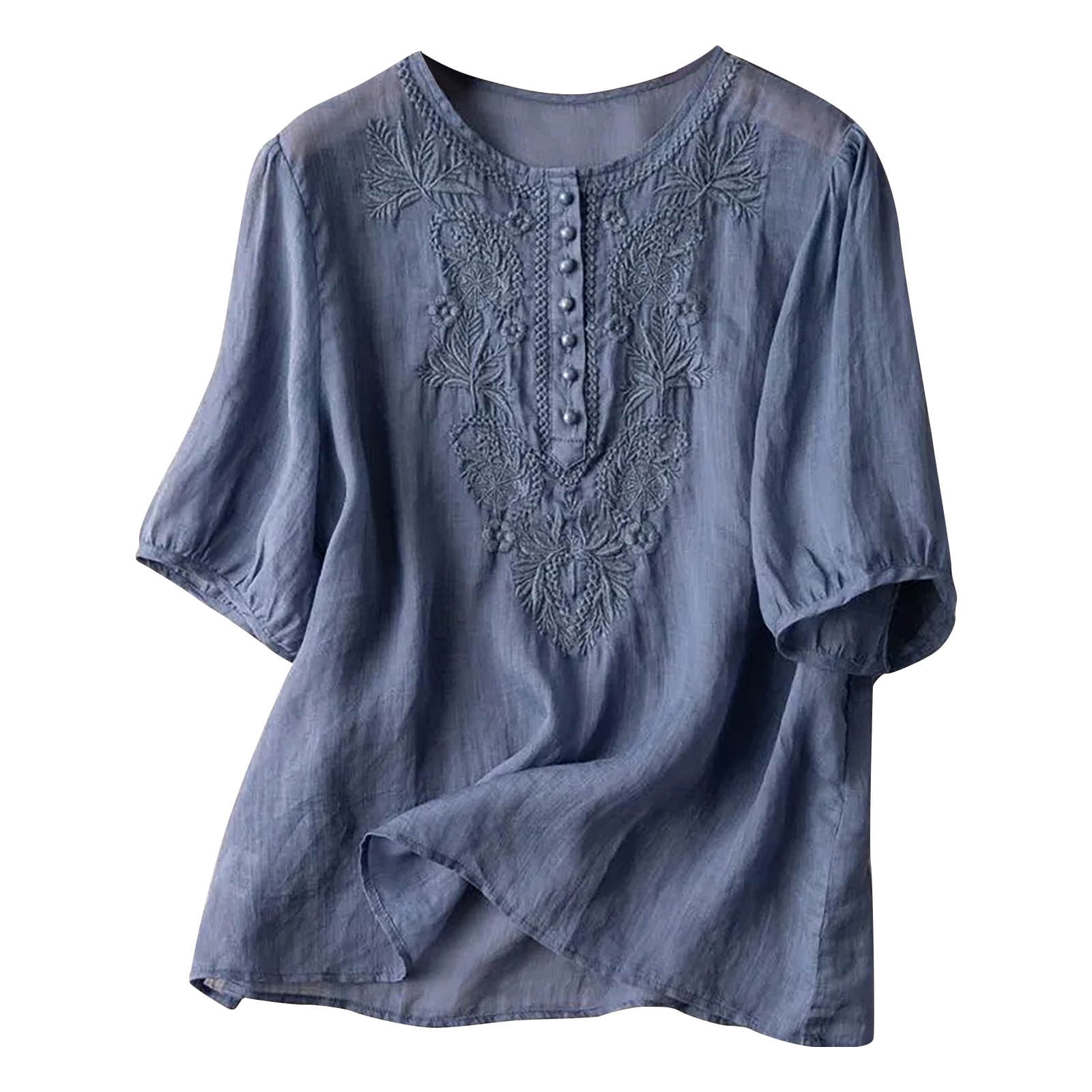 Dazajoo Women's Cotton and Linen Embroidered Top Summer Casual Round ...