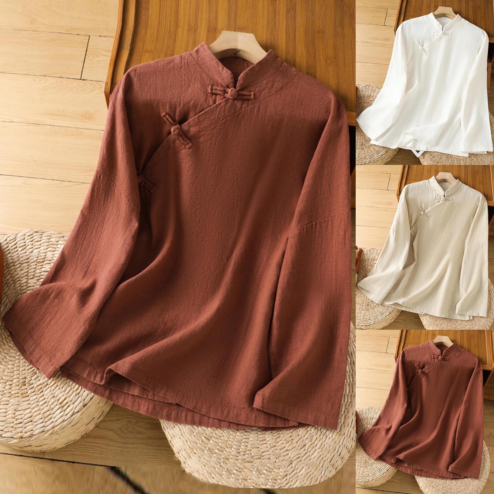 Dazajoo Women's Cotton Linen Peasant Tops 2025 Chinese Frog Button ...