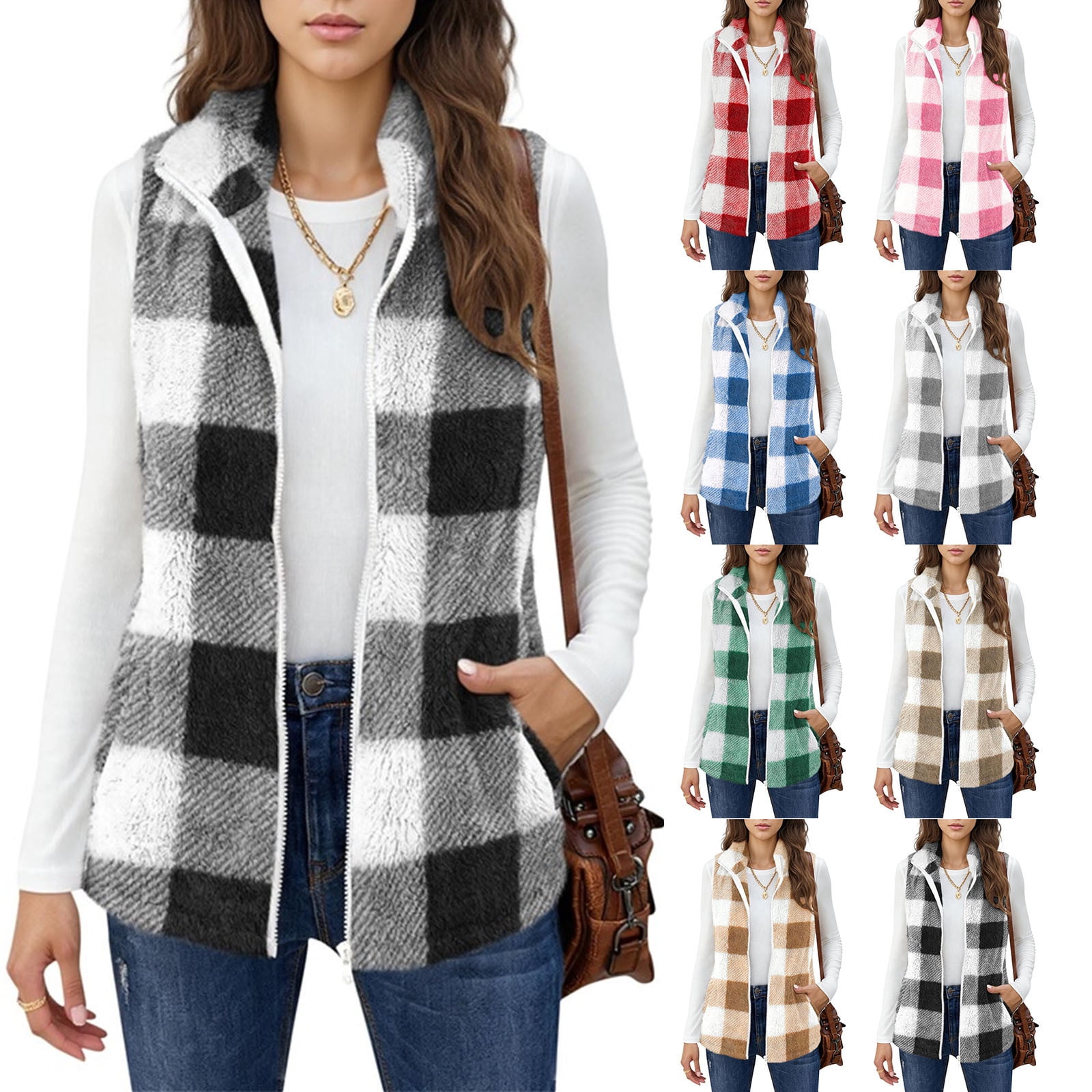 Dazajoo Women's Fleece Vest with Pockets Zip Up Sleeveless Jacket Plaid ...