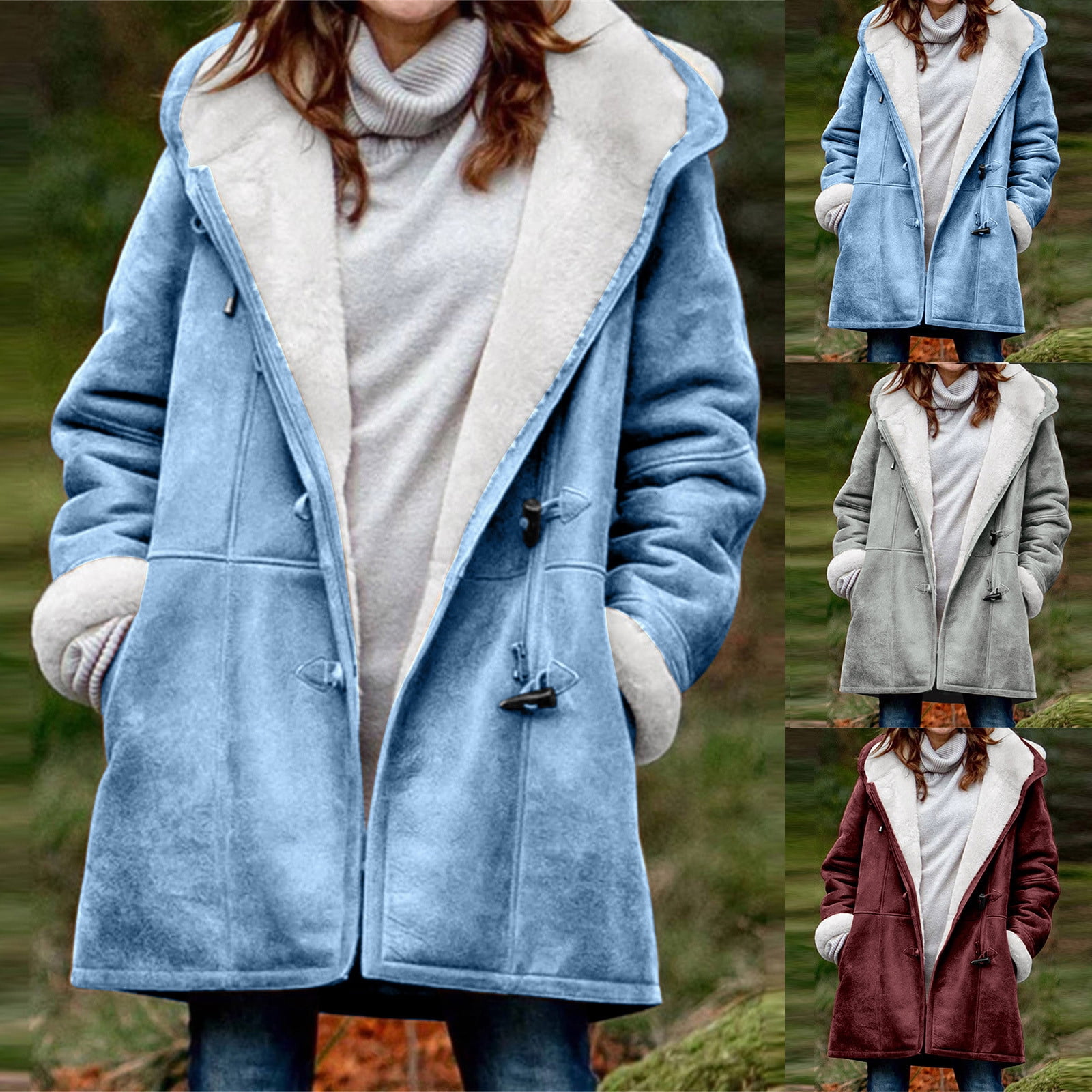 Dazajoo Women's Fuzzy Fleece Pea Coat Casual Horn Button Hoodies Jacket ...