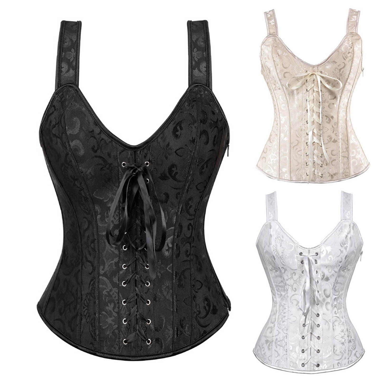 Dazajoo Women's Gothic Jacquard Bustiers Shoulder Straps Tank Overbust ...