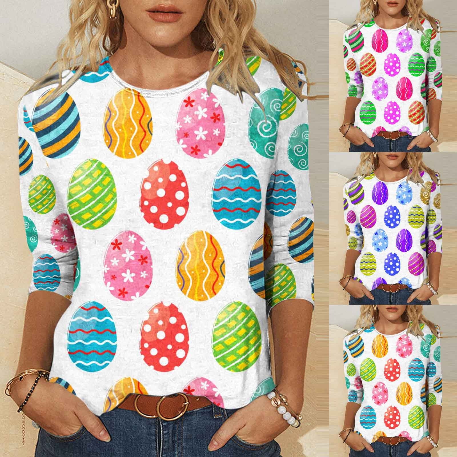Dazajoo Easter Shirts for Women Spring 3/4 Sleeve Crewneck Eggs Pattern ...