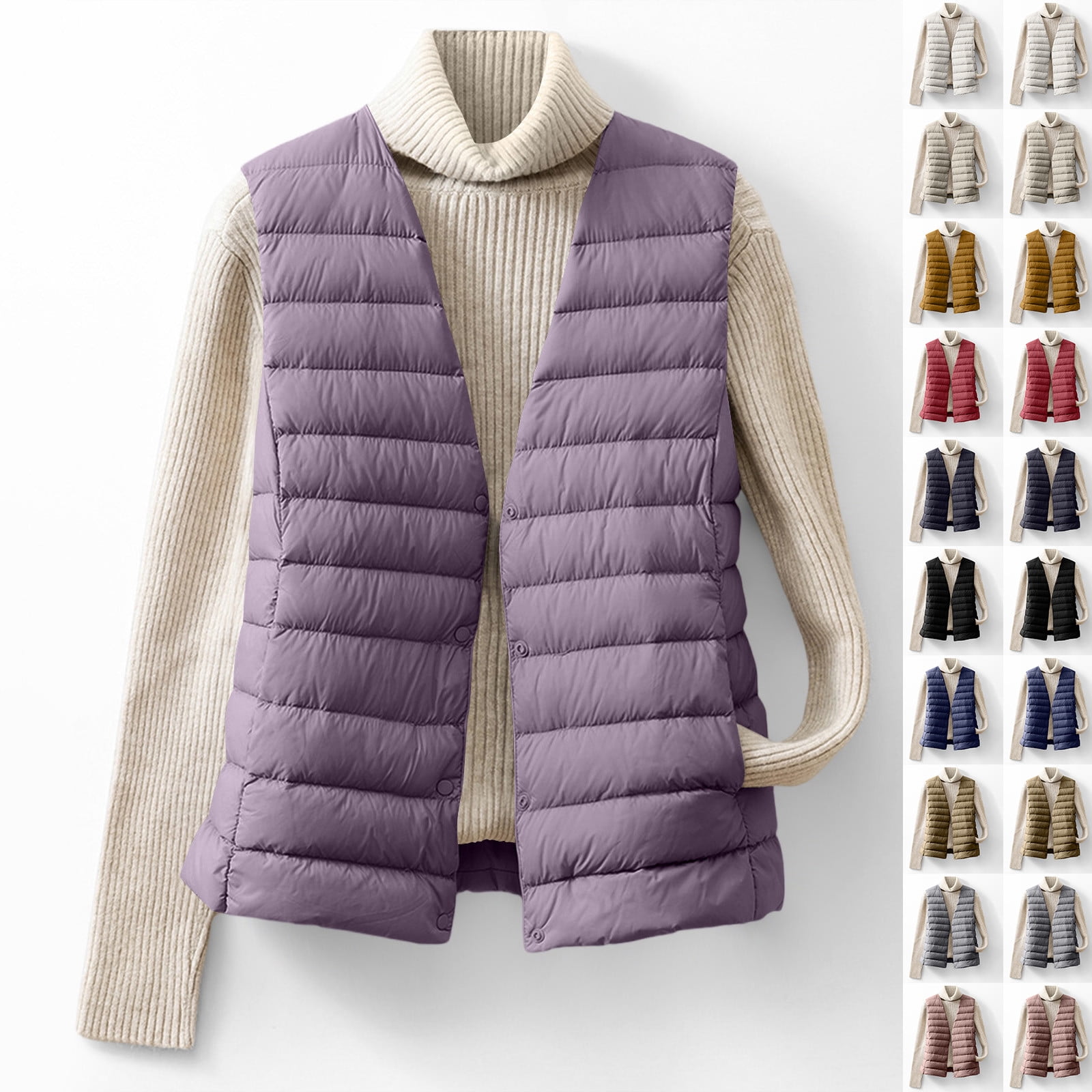 Dazajoo Women's Lightweight Down Vest Collarless Snap Button Puffer ...