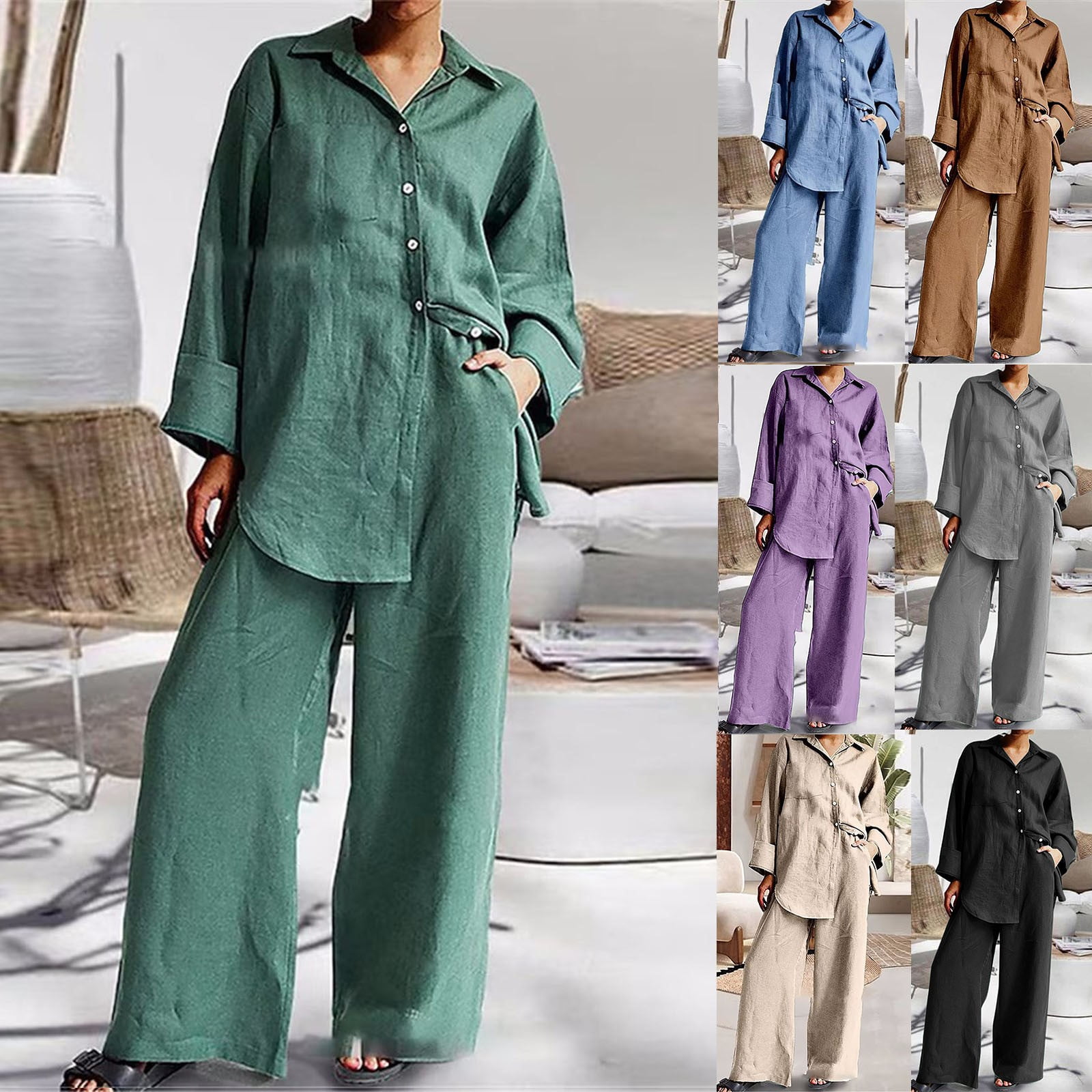 Dazajoo Women's Linen 2 Piece Outfit Long Sleeve Lounge Sets Button Down Shirt Wide Leg Pants ...