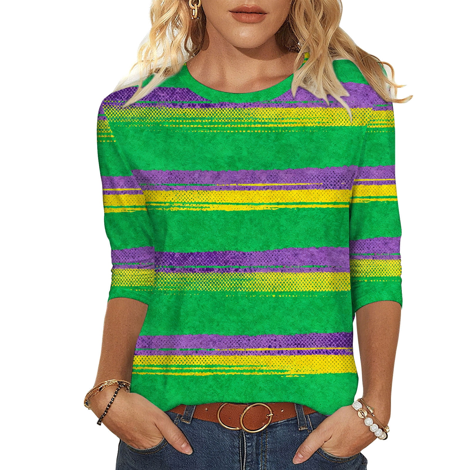 Dazajoo Women's Mardi Gras Shirts 3/4 Sleeve Color Block Carnival Party ...