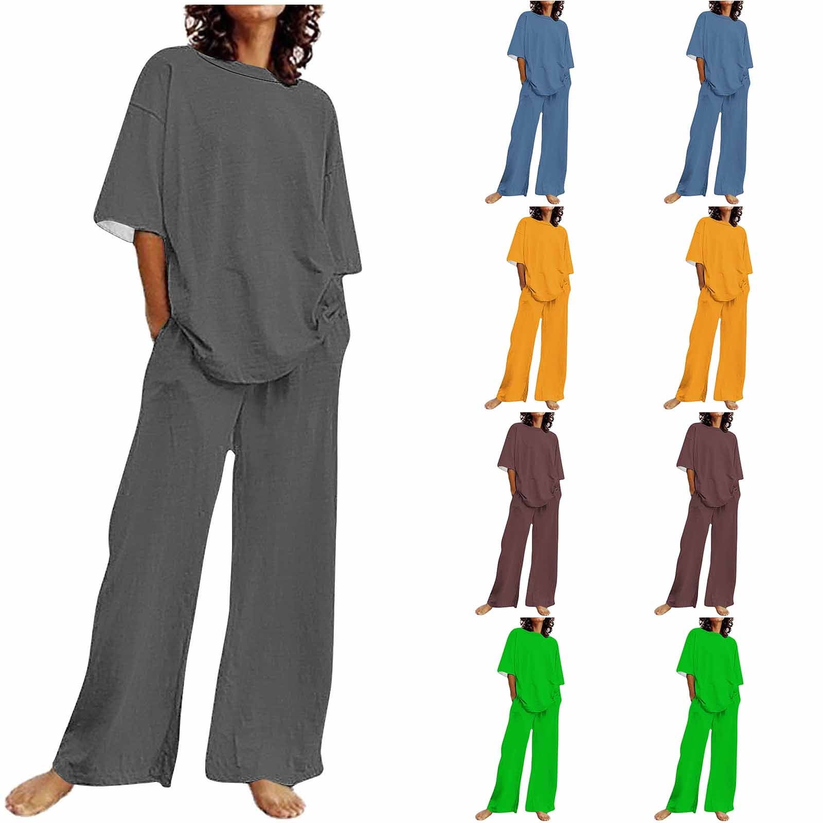 Dazajoo Women's Plus Size Sets Outfits Cotton Linen Short Sleeve Crew ...